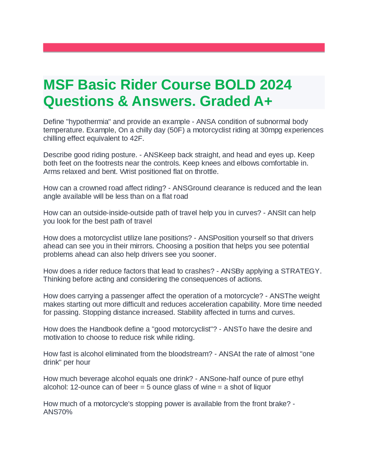 MSF Basic Rider Course BOLD 2024 Questions & Answers. Graded A+ | Exams ...