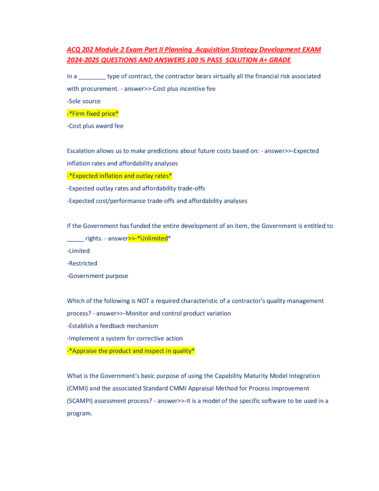 ACQ 202 Module 2 Exam Part II Planning Acquisition Strategy Development ...