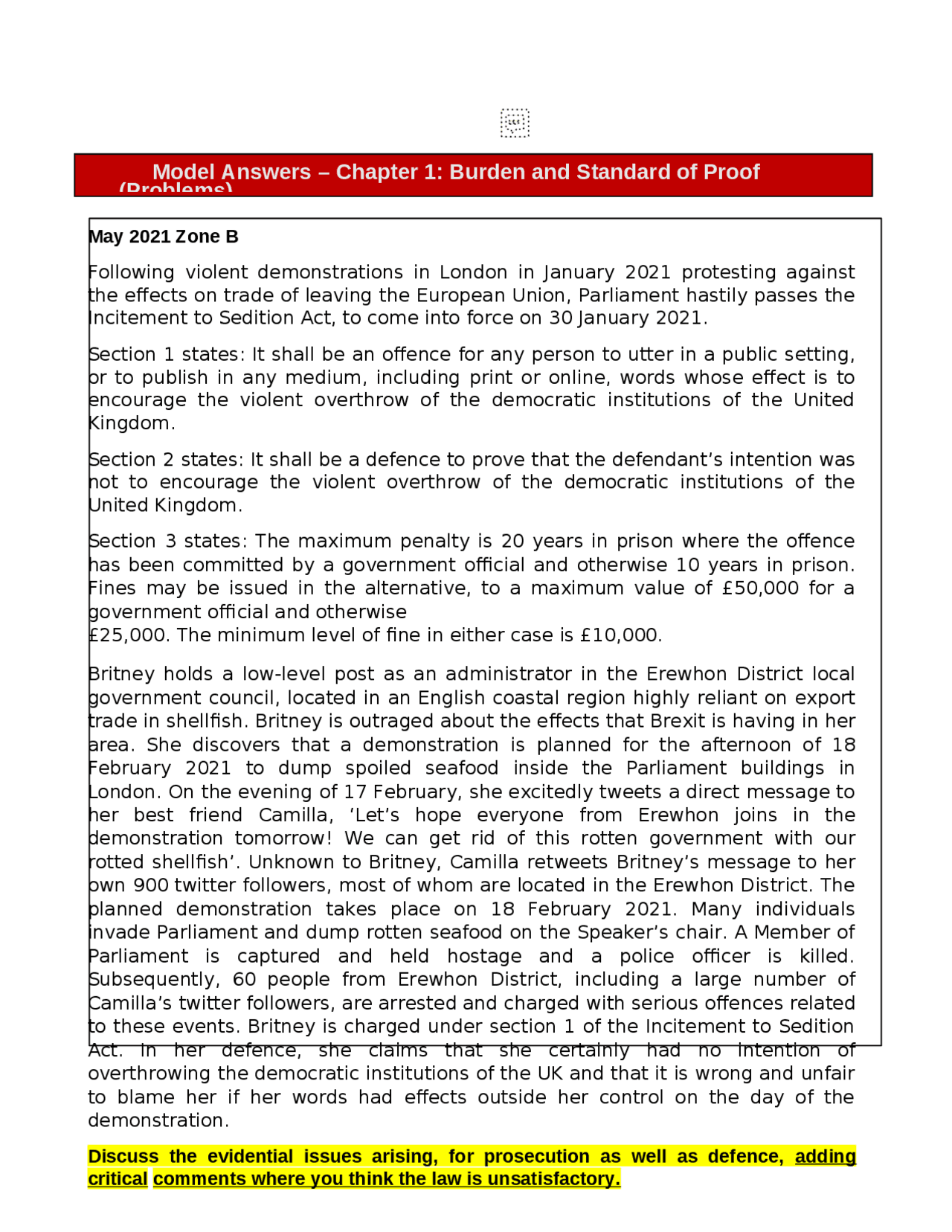MODEL ANSWERS - BURDEN AND STANDARD OF PROOF | Exercises Law | Docsity