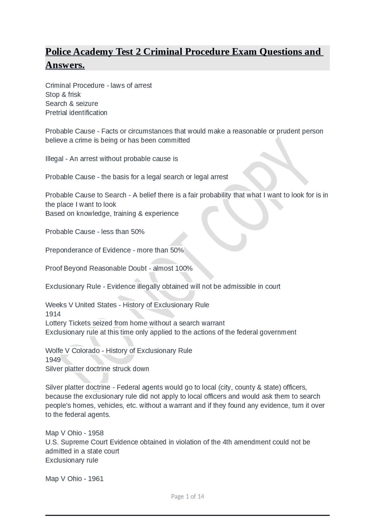 Police Academy Test 2 Criminal Procedure Exam Questions and Answers ...