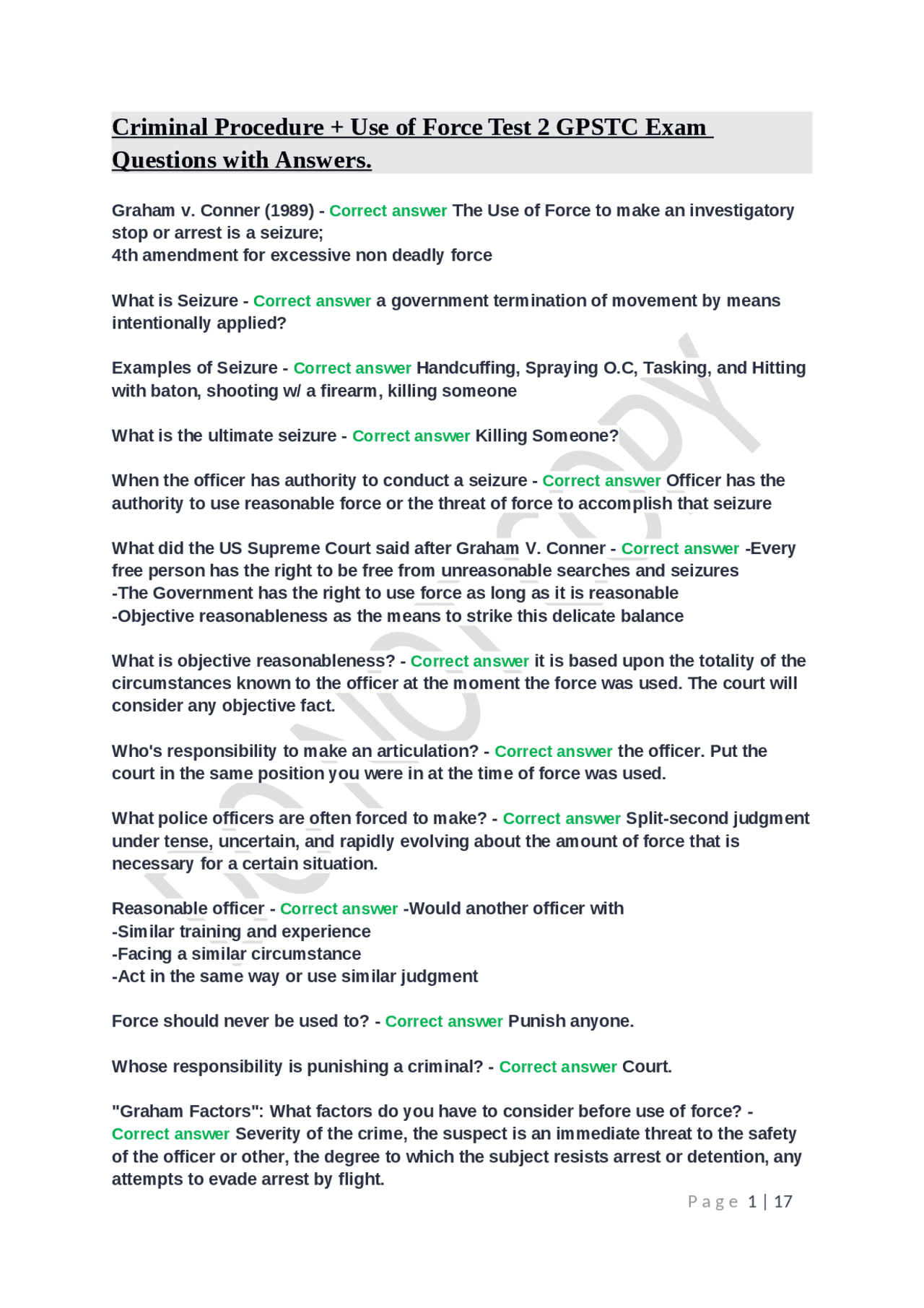 Criminal Procedure + Use of Force Test 2 GPSTC Exam Questions with ...