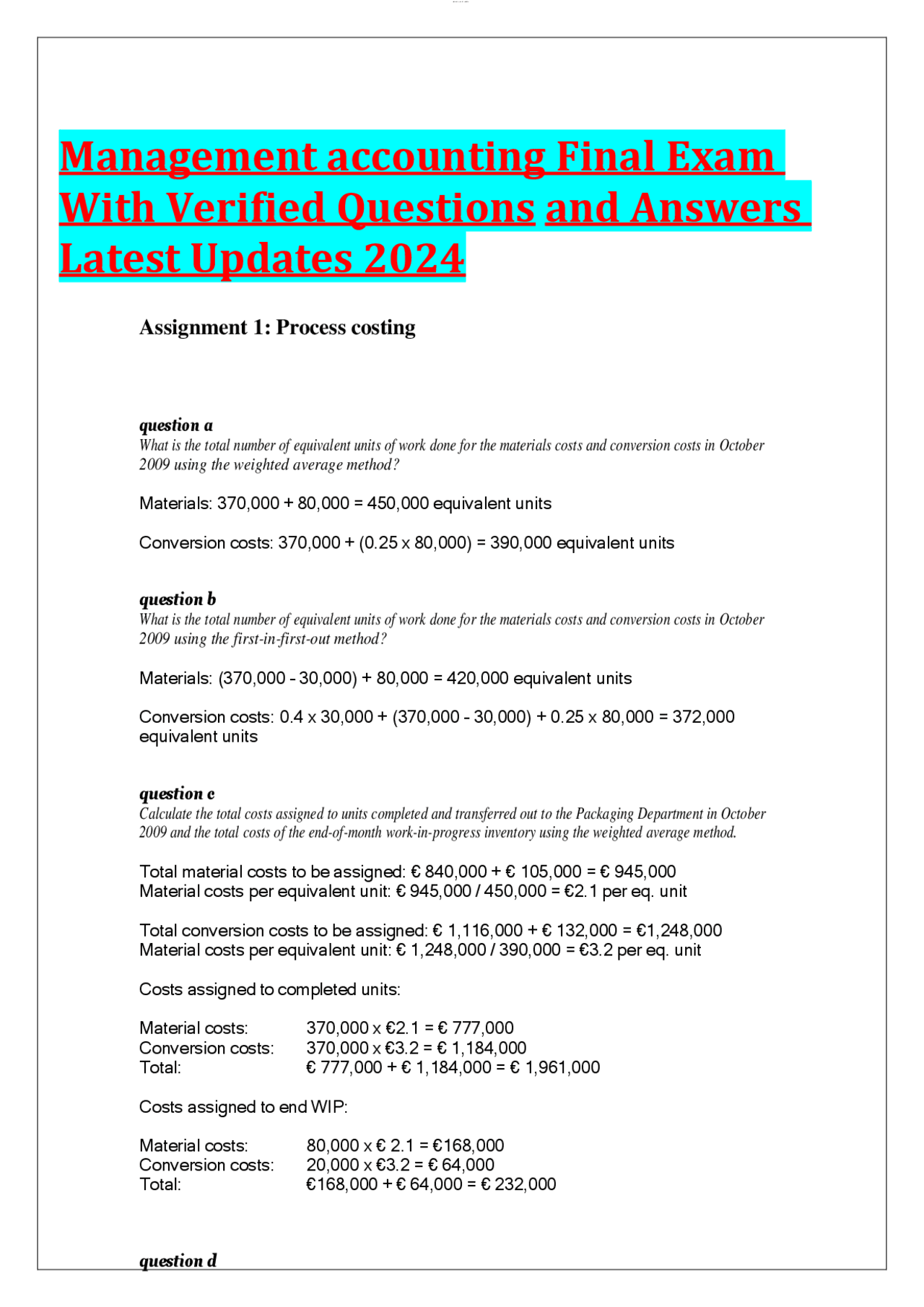 Management accounting Final Exam With Verified Questions and Answers ...