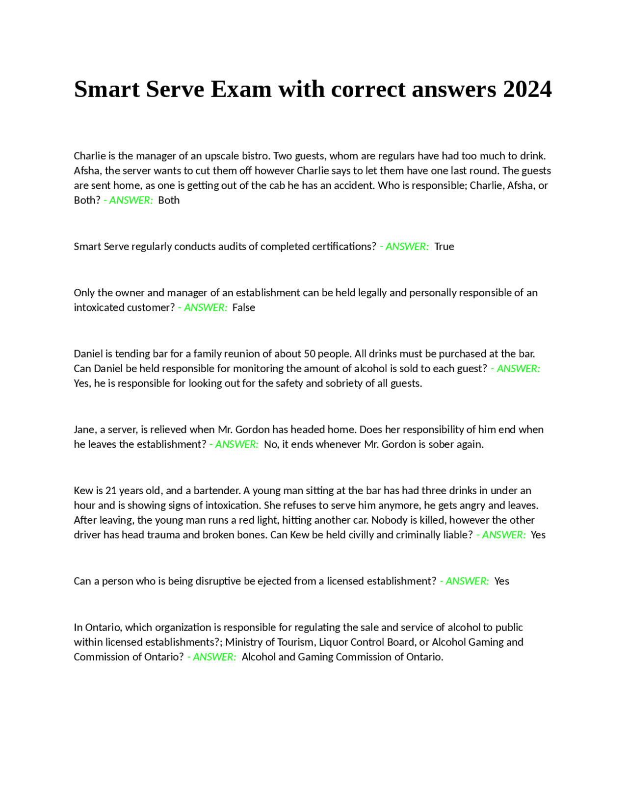 Smart Serve Exam with correct answers 2024 | Exams Nutrition | Docsity