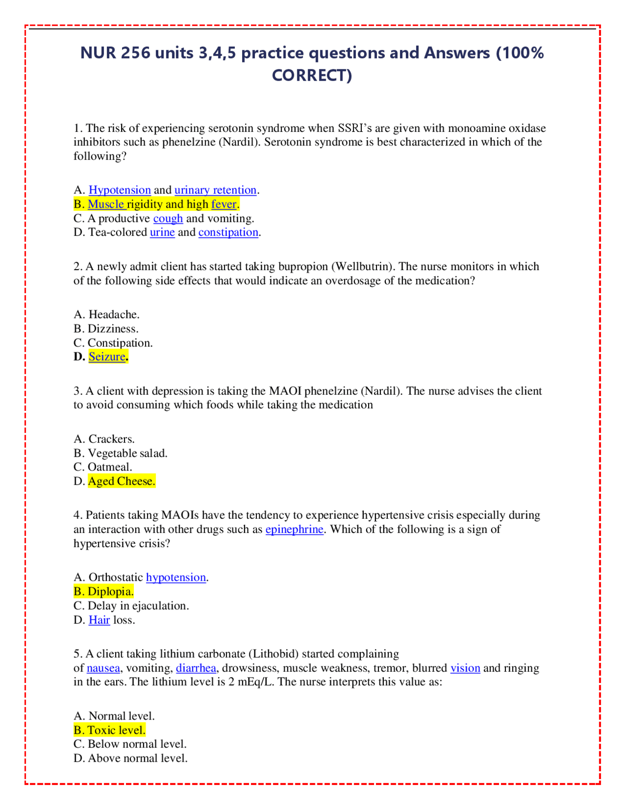 NUR 256 units 3,4,5 practice questions and Answers (100% CORRECT) | Exams Nursing | Docsity