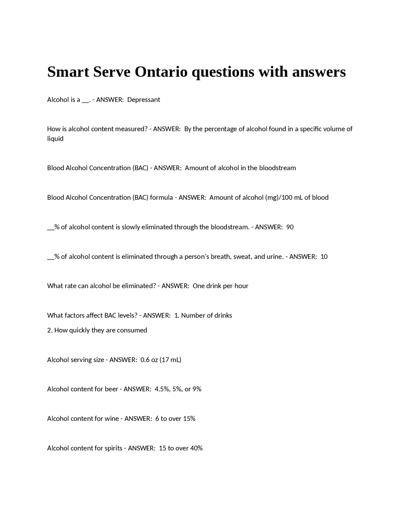 Smart Serve Ontario questions with answers | Exams Nutrition | Docsity