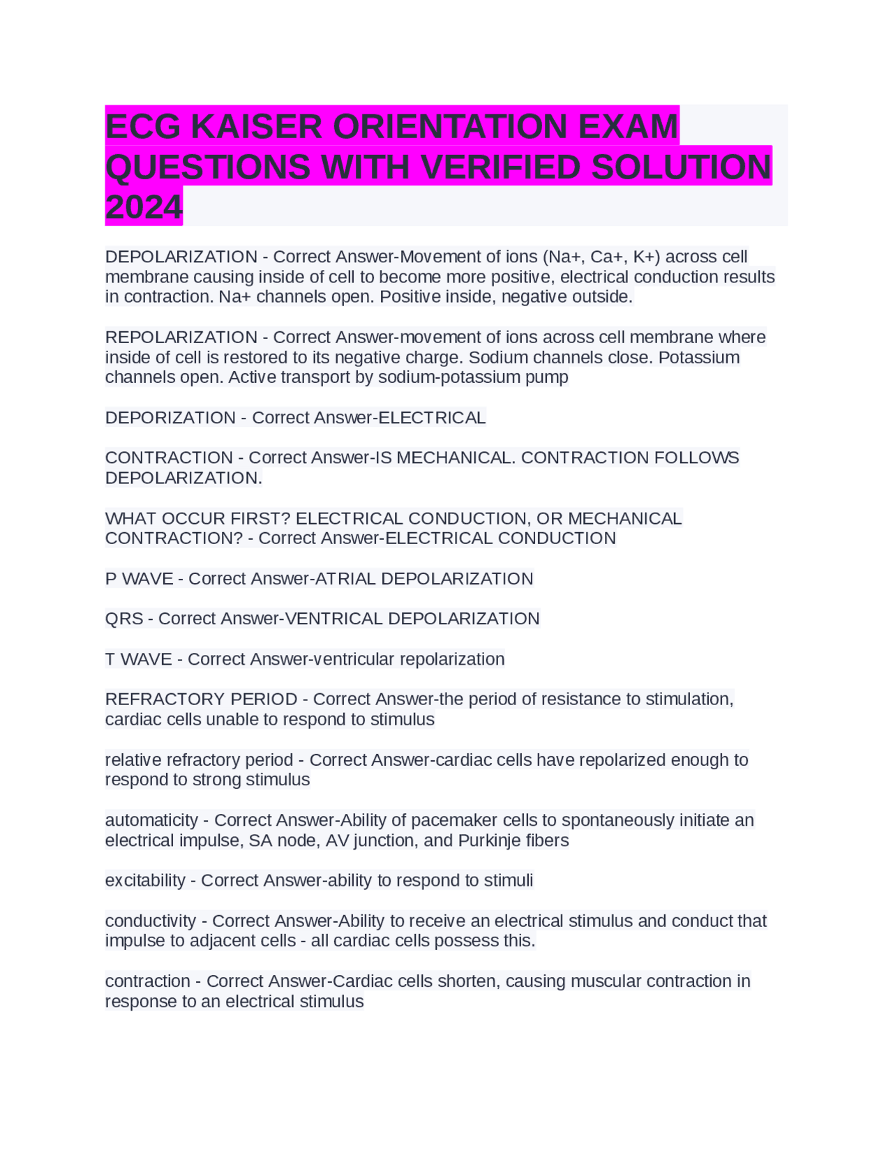 ECG KAISER ORIENTATION EXAM QUESTIONS WITH VERIFIED SOLUTION 2024 ...