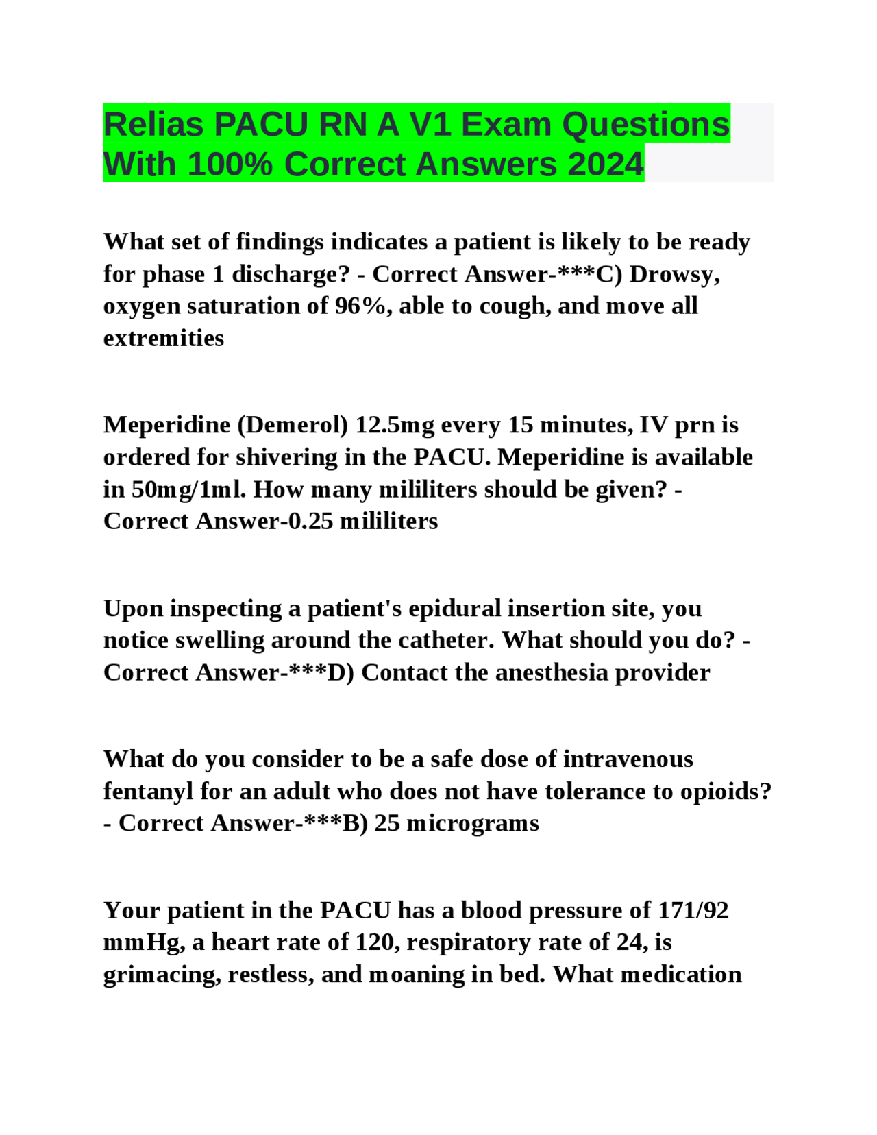 Relias PACU RN A V1 Exam Questions With 100% Correct Answers 2024 ...