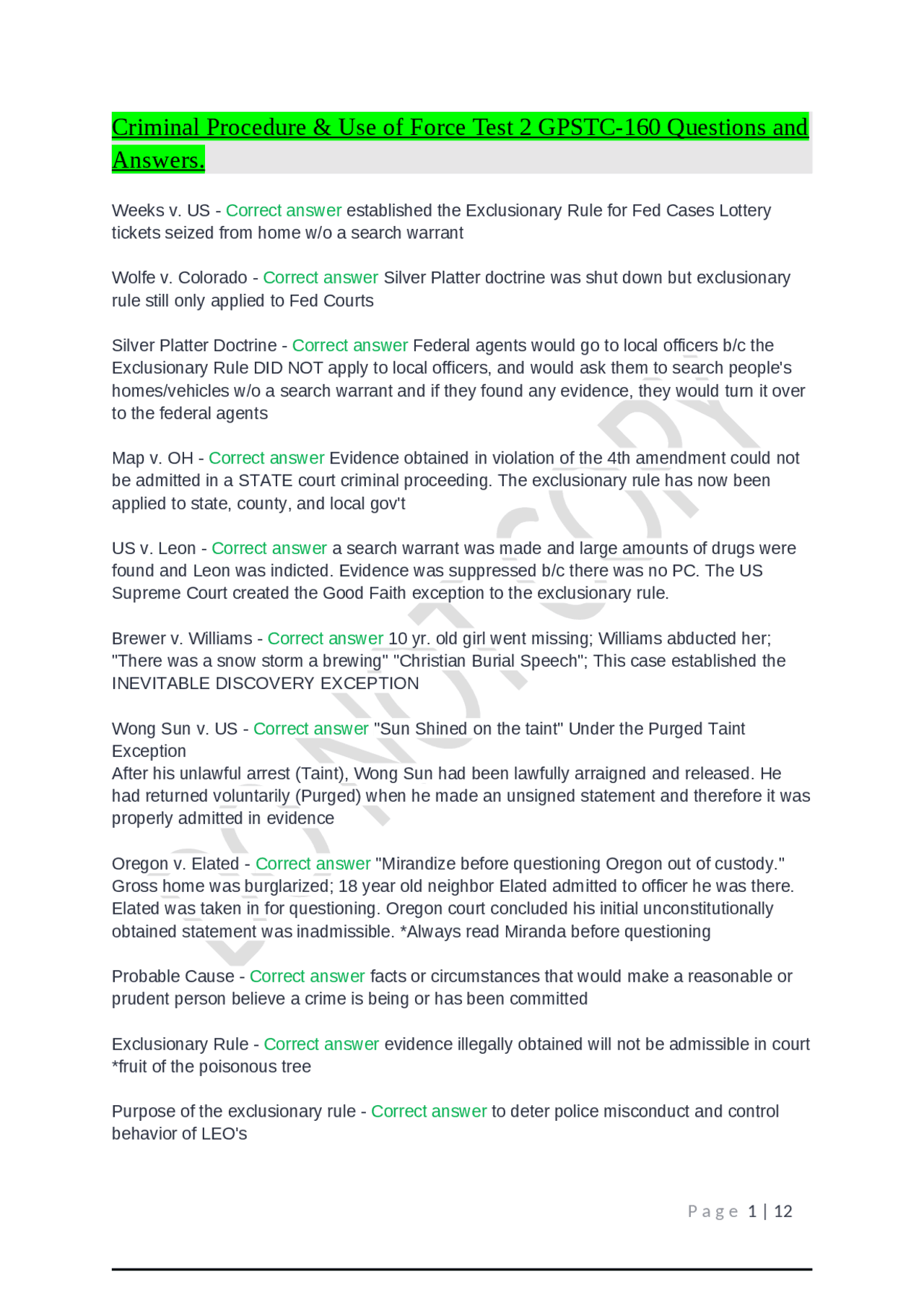 Criminal Procedure & Use of Force Test 2 GPSTC-160 Questions and ...