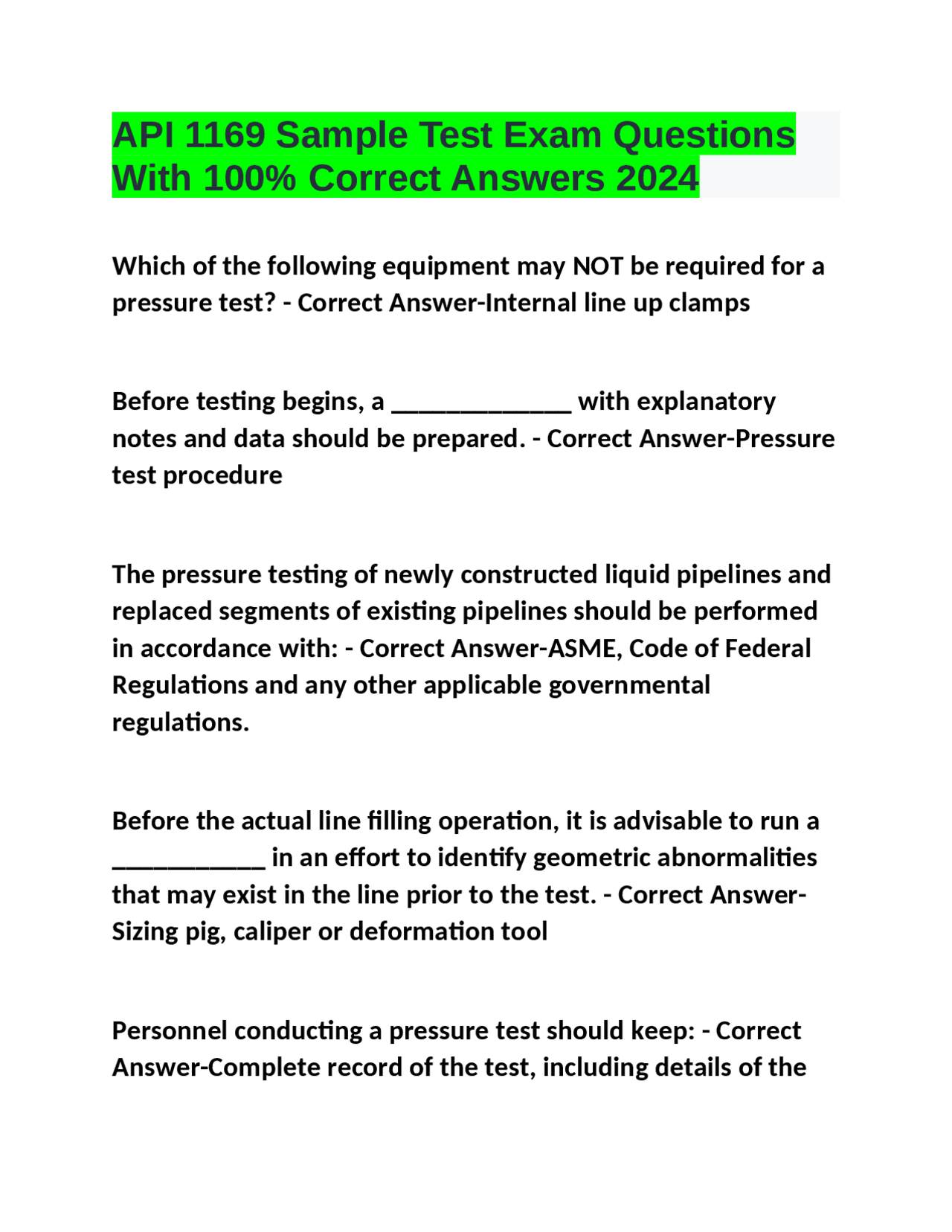 API 1169 Sample Test Exam Questions With 100% Correct Answers 2024 ...