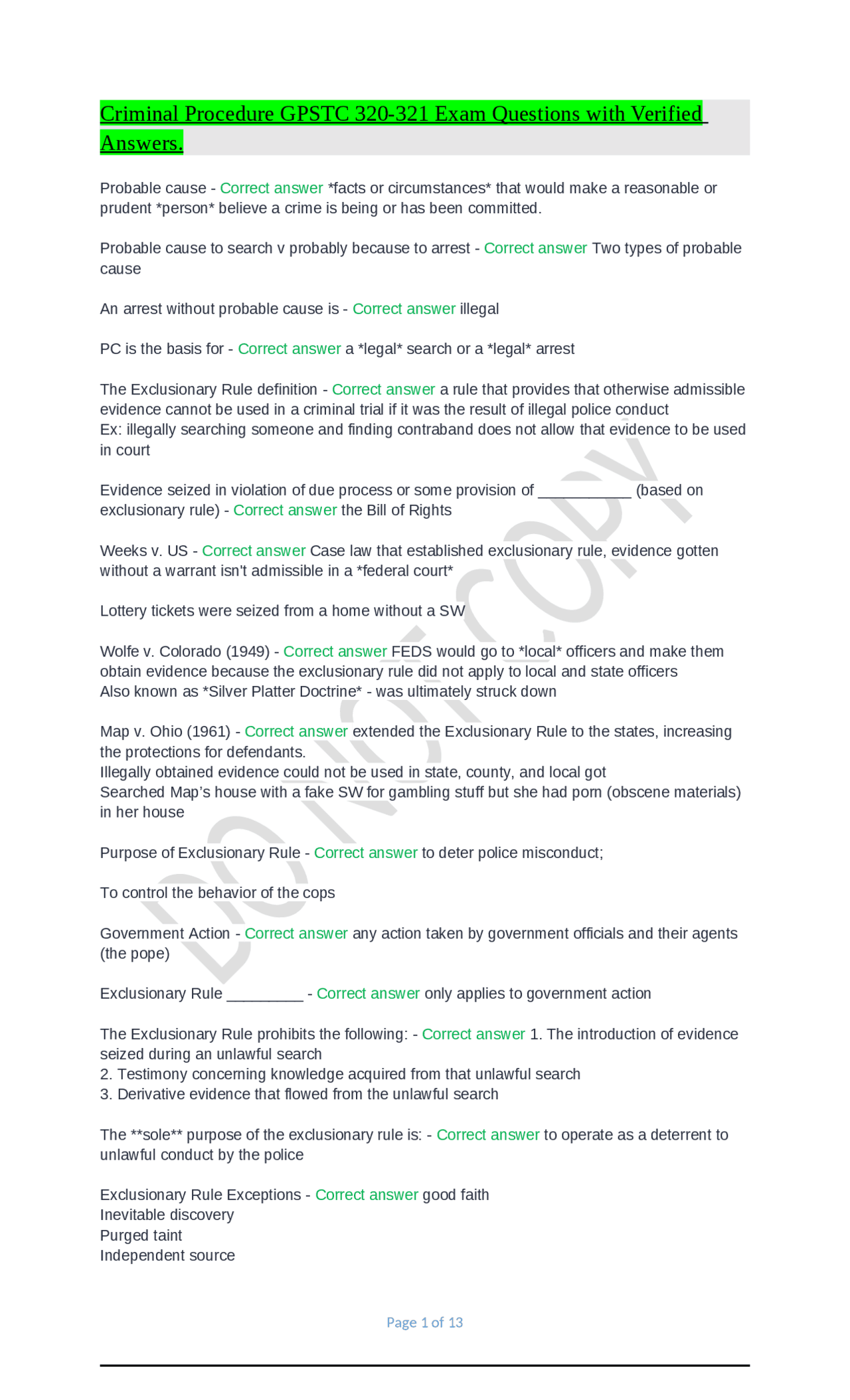 Criminal Procedure GPSTC 320-321 Exam Questions with Verified Answers. | Exams Criminal ...