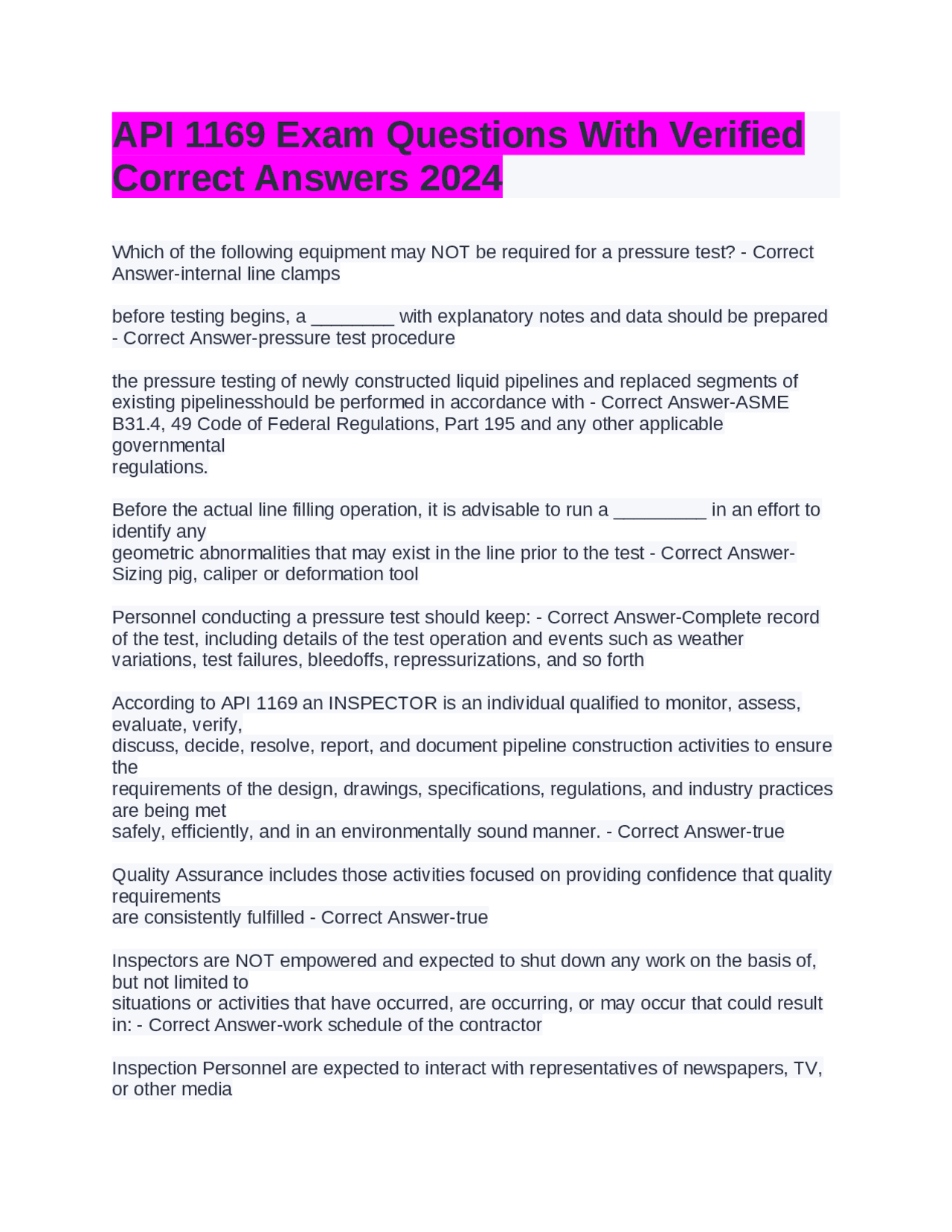 API 1169 Exam Questions and Answers | Exams Advanced Education | Docsity