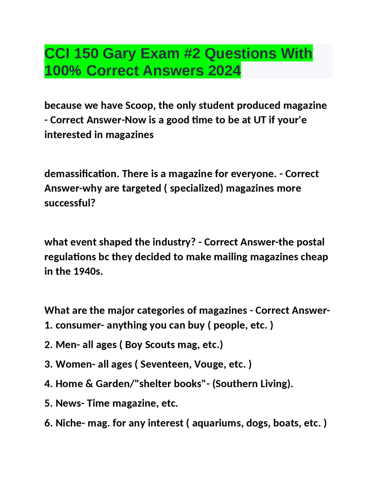 CCI 150 Gary Exam #2 Questions With 100% Correct Answers 2024 | Exams ...