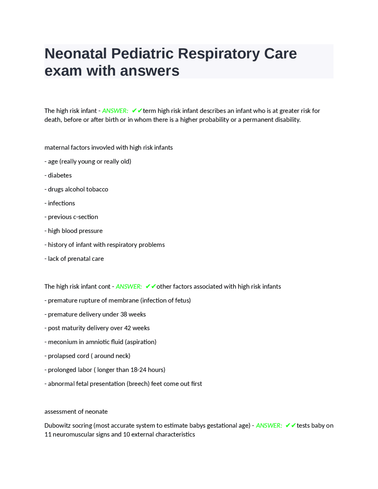 Neonatal Pediatric Respiratory Care exam with answers. | Exams Nursing ...