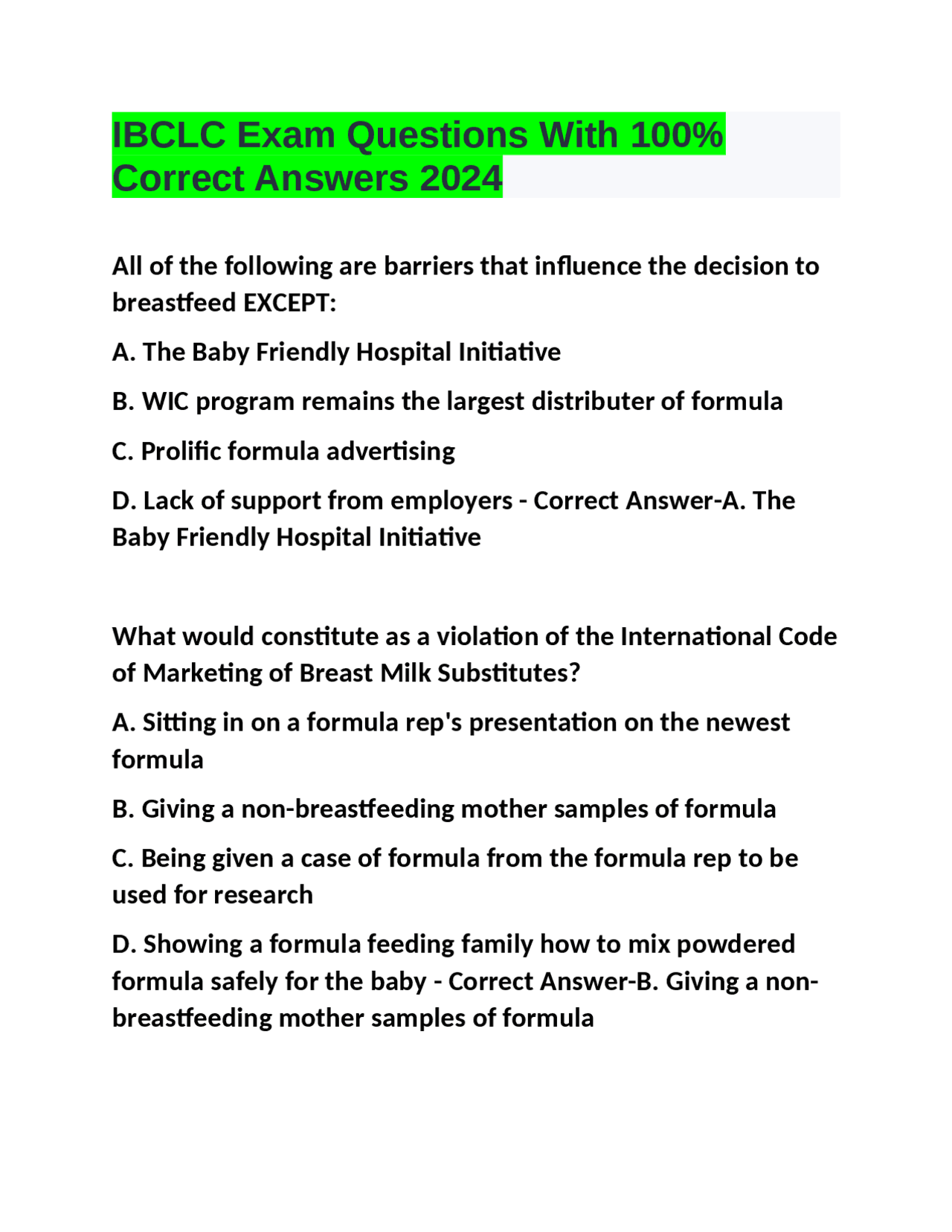 IBCLC Exam Questions With 100% Correct Answers 2024 | Exams Advanced ...