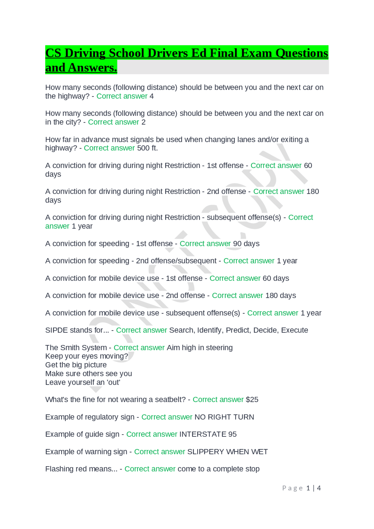 CS Driving School Drivers Ed Final Exam Questions and Answers. | Exams ...