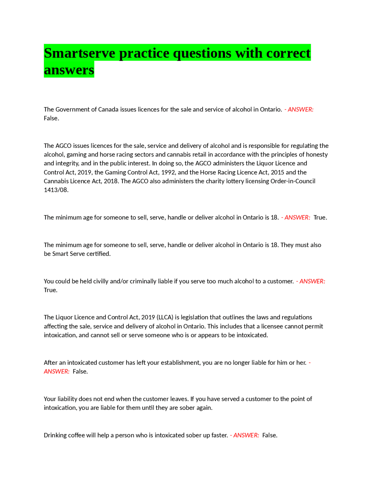 Smart Serve Practice Questions and Answers: Alcohol Service Regulations ...