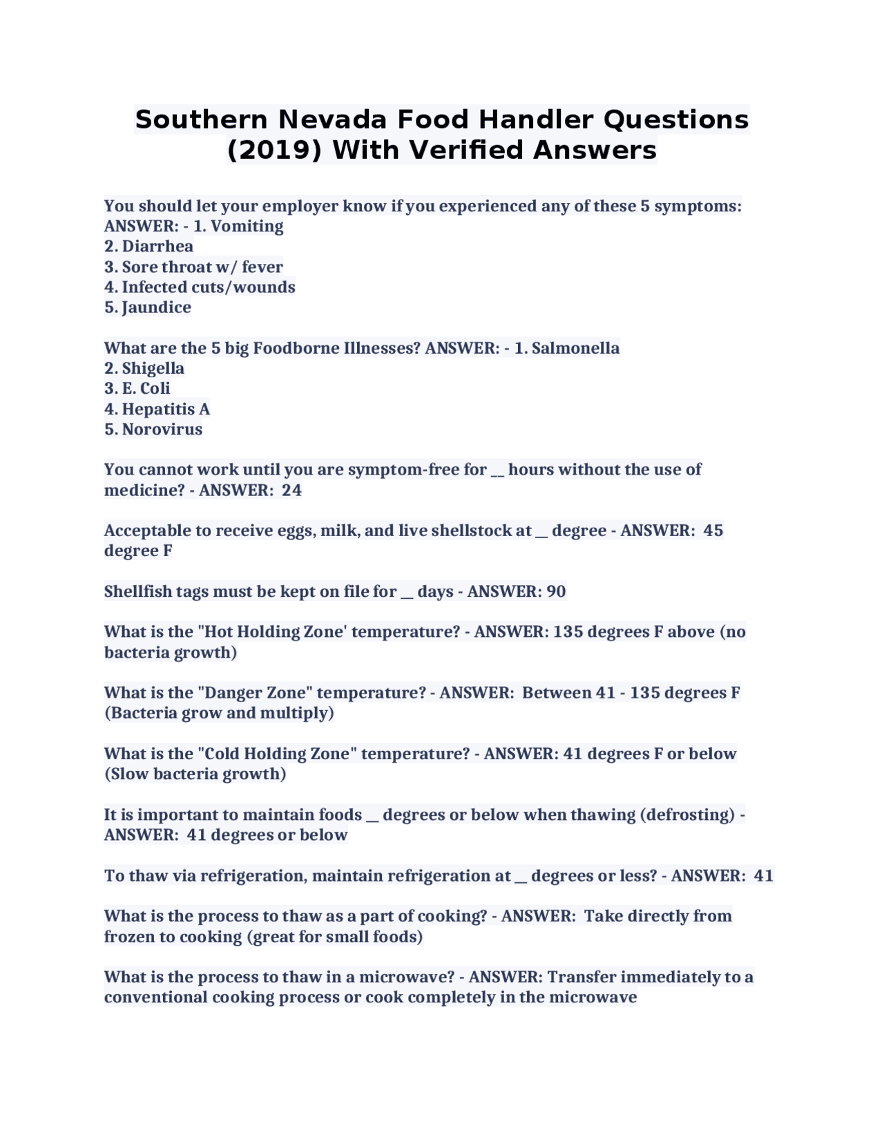 Southern Nevada Food Handler Questions (2019) With Verified Answers ...