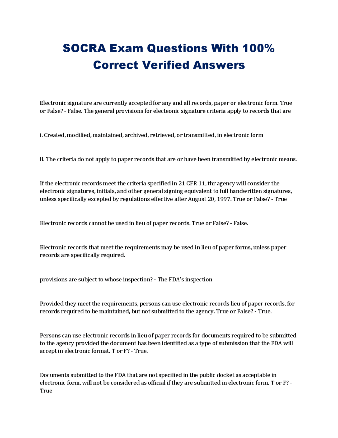 SOCRA Exam Questions With 100% Correct Verified Answers | Exams ...