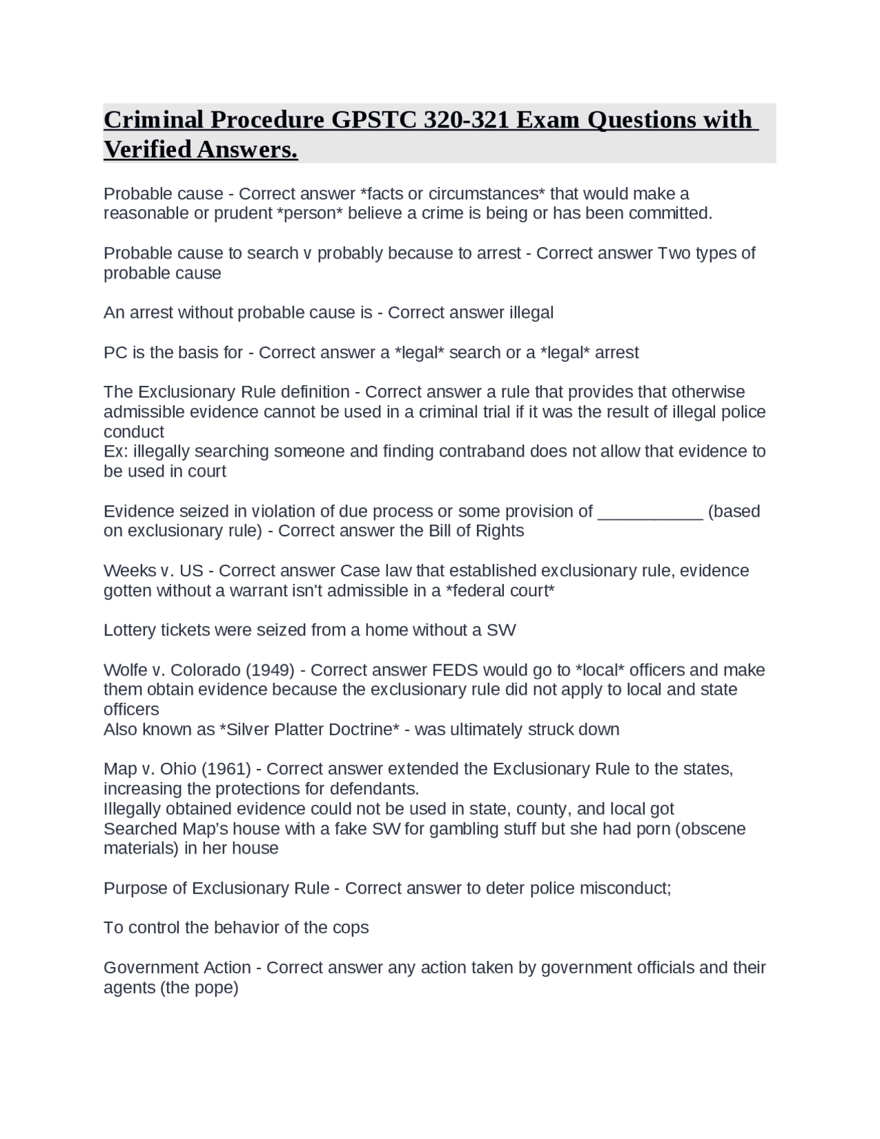 Criminal Procedure GPSTC 320-321 Exam Questions with Verified Answers. | Exams Criminal ...