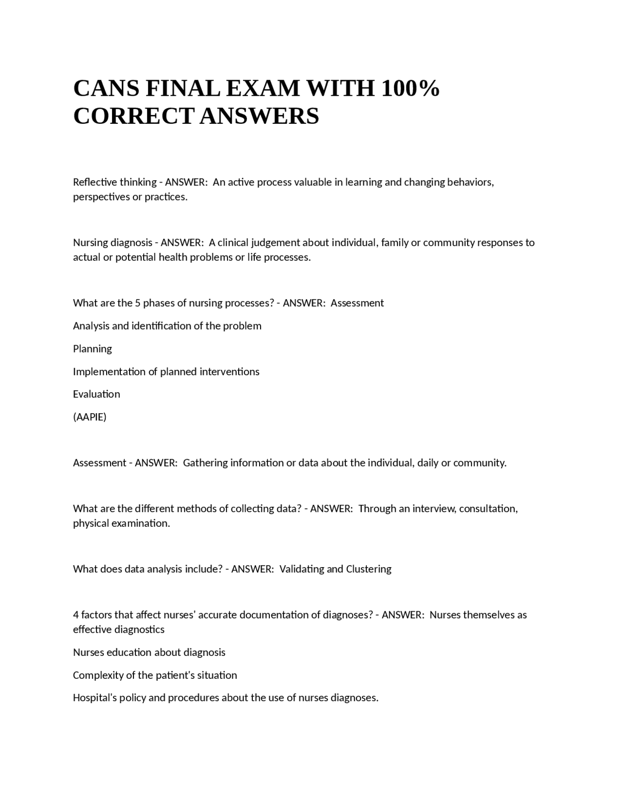 CANS FINAL EXAM WITH 100% CORRECT ANSWERS | Exams Nursing | Docsity