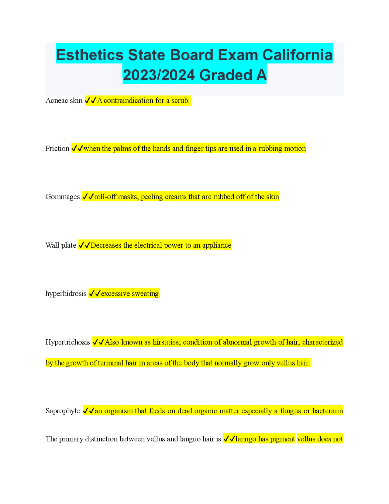 Esthetics State Board Exam California 2023/2024 Graded A | Exams ...
