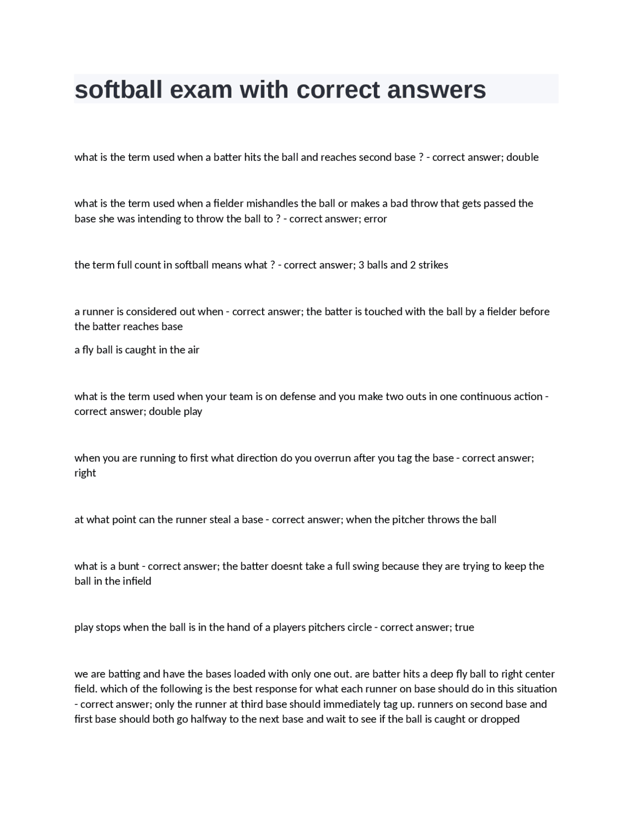 softball exam with correct answers | Exams Nursing | Docsity