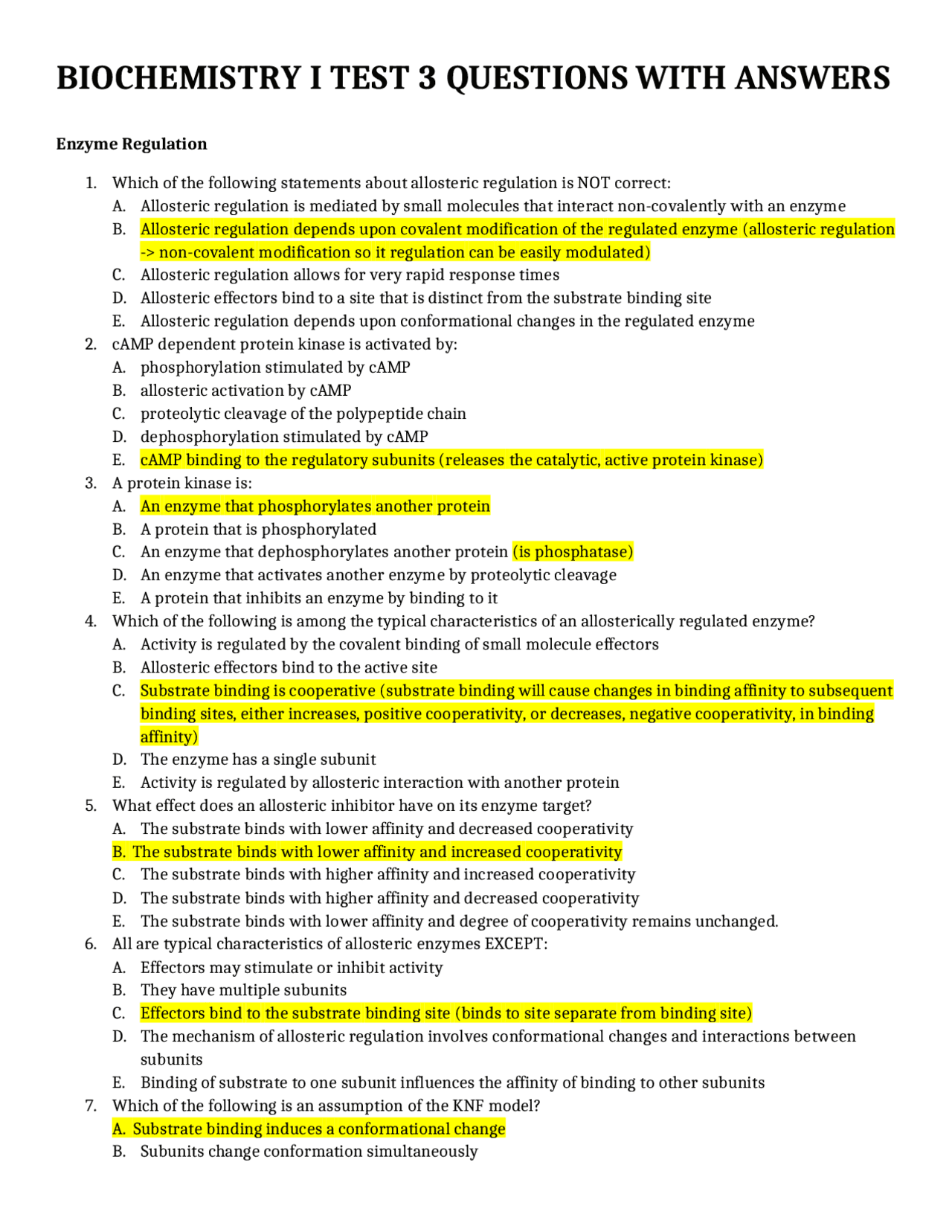 BIOCHEMISTRY I TEST 3 QUESTIONS WITH ANSWERS | Quizzes Biochemistry ...