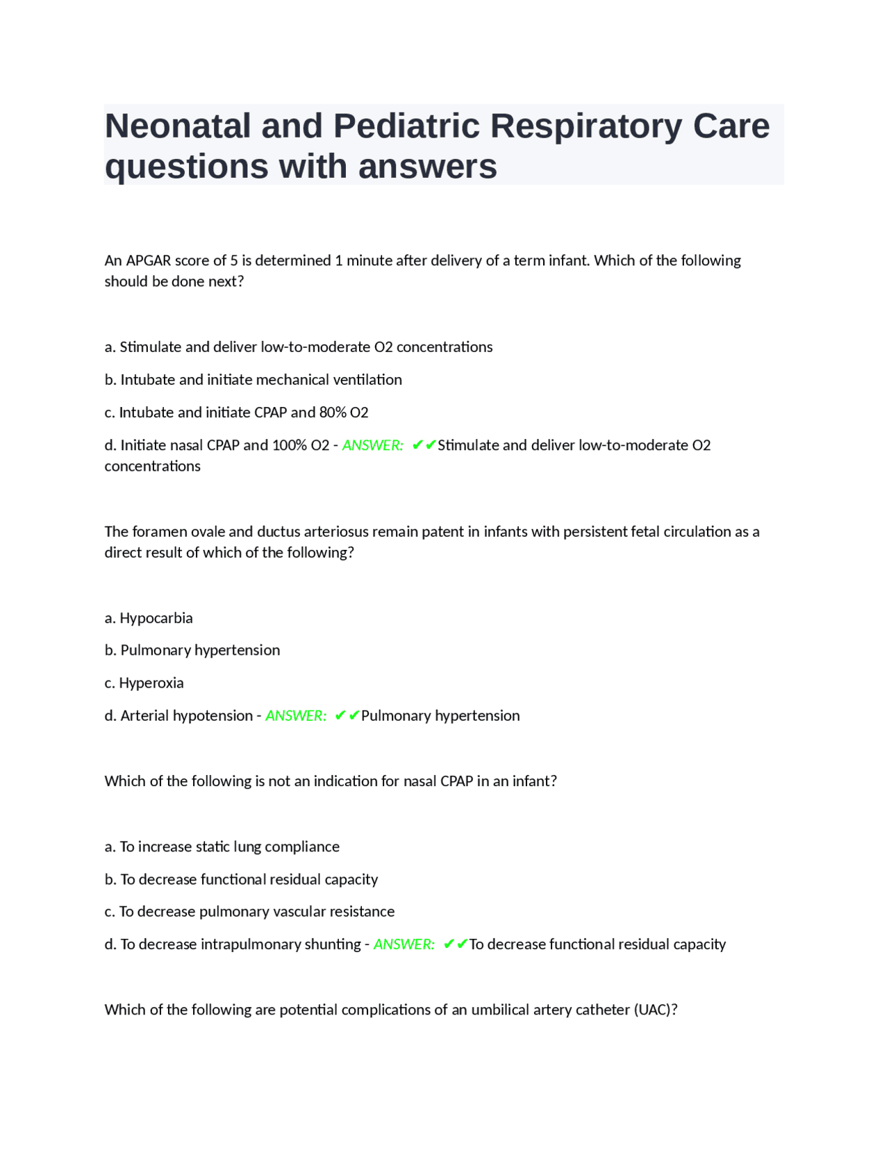 Neonatal and Pediatric Respiratory Care questions with answers. | Exams ...