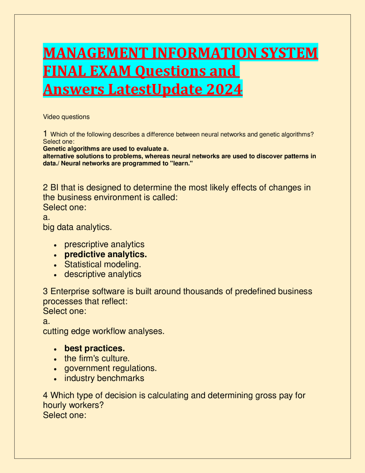 MANAGEMENT INFORMATION SYSTEM FINAL EXAM Questions and Answers ...