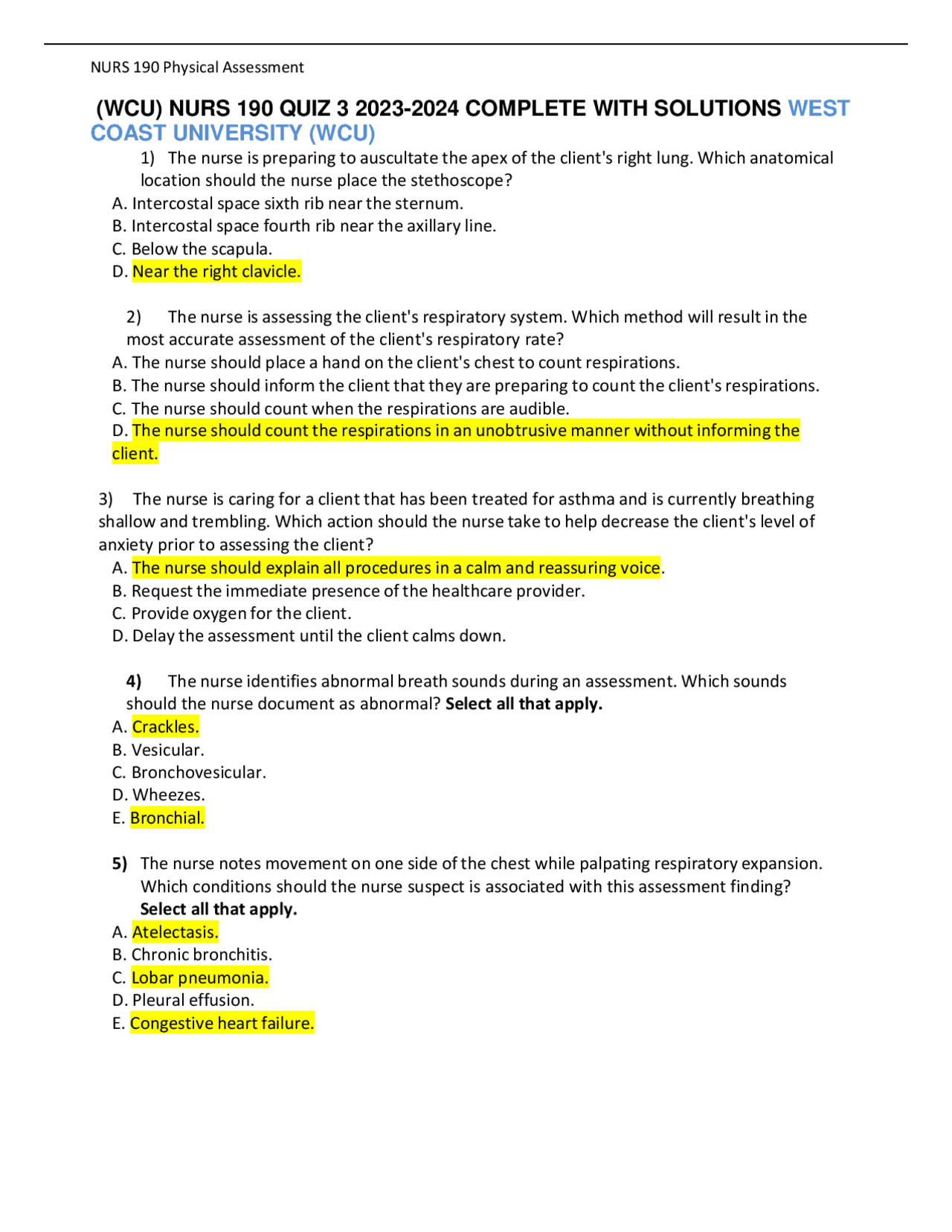 (WCU) NURS 190 QUIZ 3 2023-2024 COMPLETE WITH SOLUTIONS WEST COAST ...