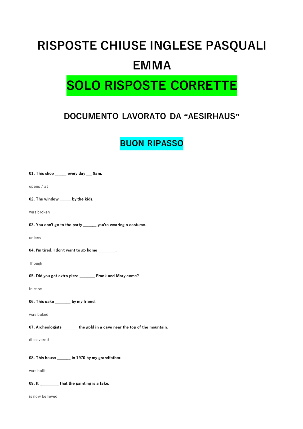 PANIERE RISPOSTE CHIUSE 2024 (SOLO CORRETTE) INGLESE - PASQUALI EMMA | Panieri di Lingua Inglese ...