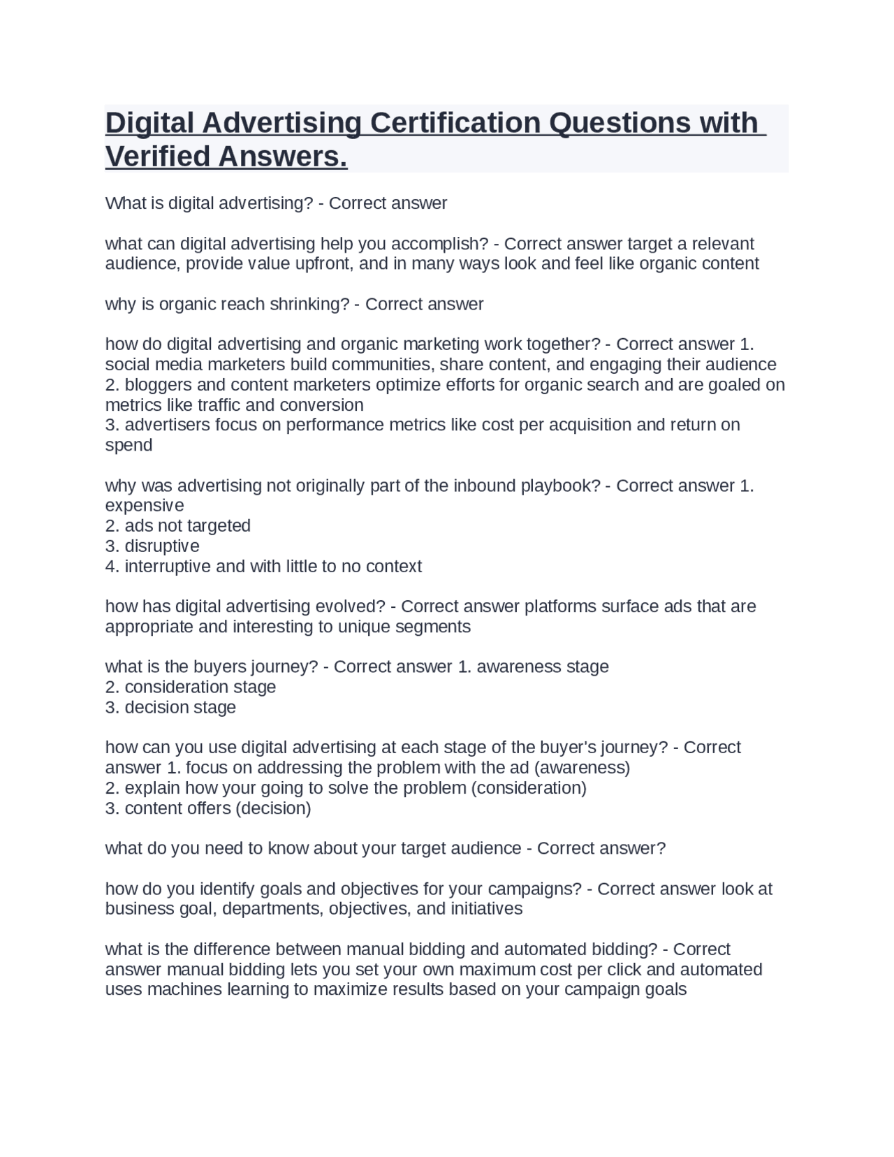 Digital Advertising Certification Questions with Verified Answers ...