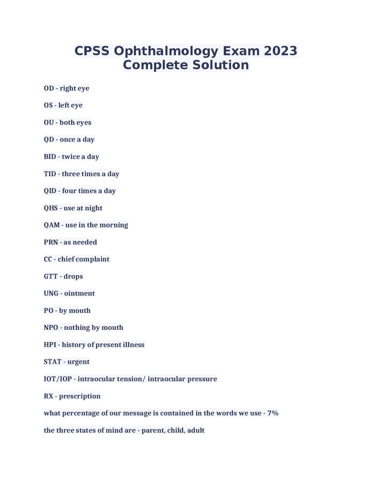 CPSS Ophthalmology Exam 2023 Complete Solution | Exams Health sciences | Docsity