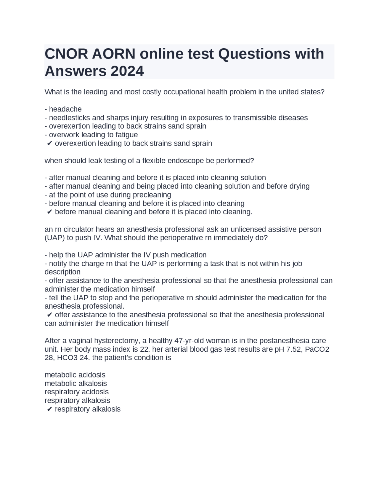 CNOR AORN online test Questions with Answers 2024 | Exams Nursing | Docsity