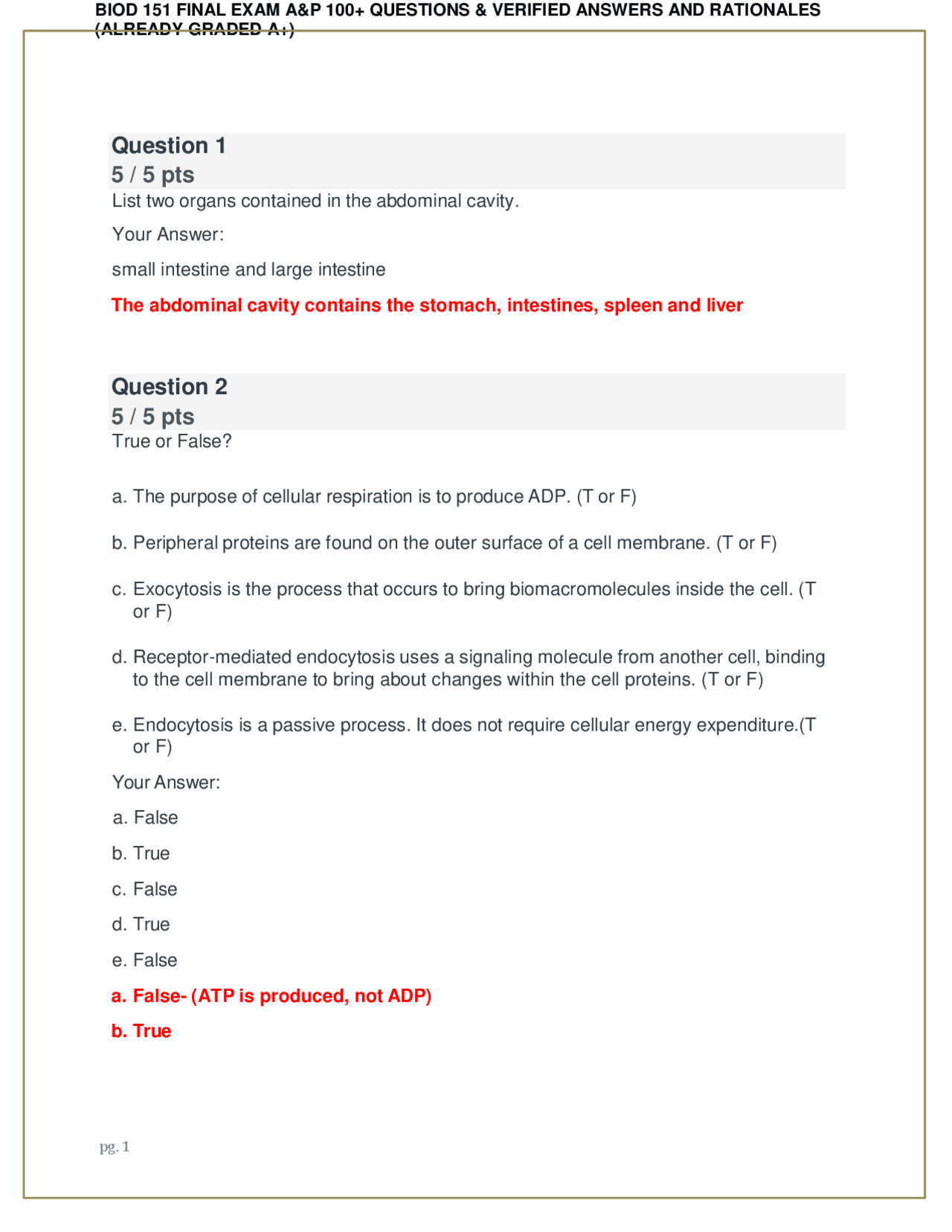 BIOD 151 FINAL EXAM A&P 100+ QUESTIONS & VERIFIED ANSWERS AND RATIONALES (ALREADY GRADED A ...