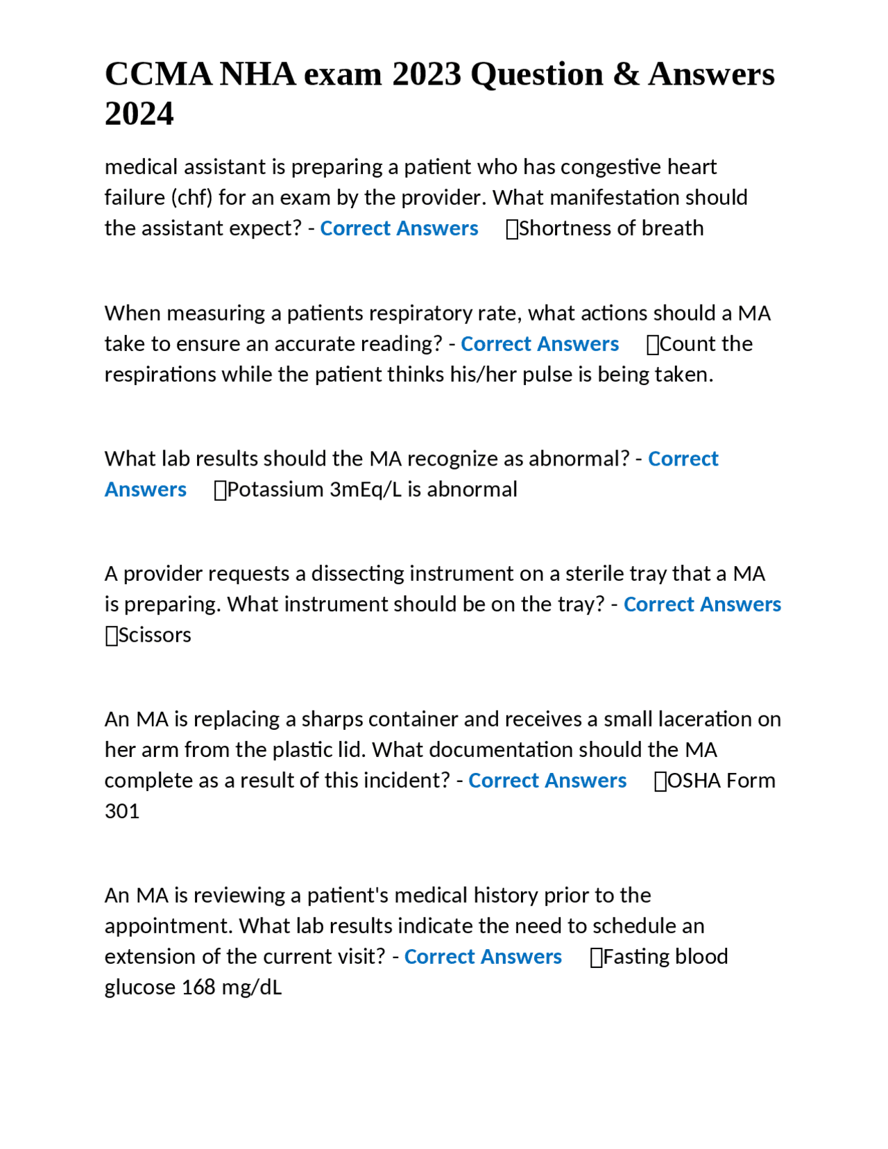 CCMA NHA exam 2023 Question & Answers 2024 | Exams Nursing | Docsity