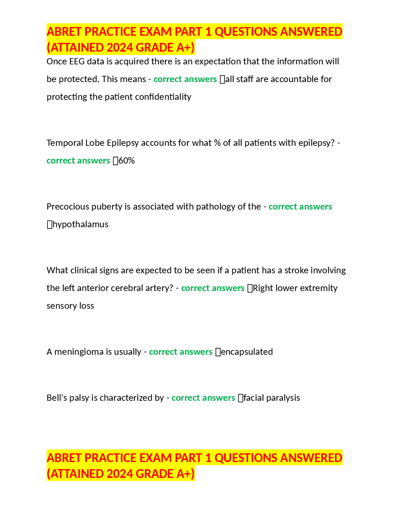 ABRET PRACTICE EXAM PART 1 QUESTIONS ANSWERED (ATTAINED 2024 GRADE A+ ...