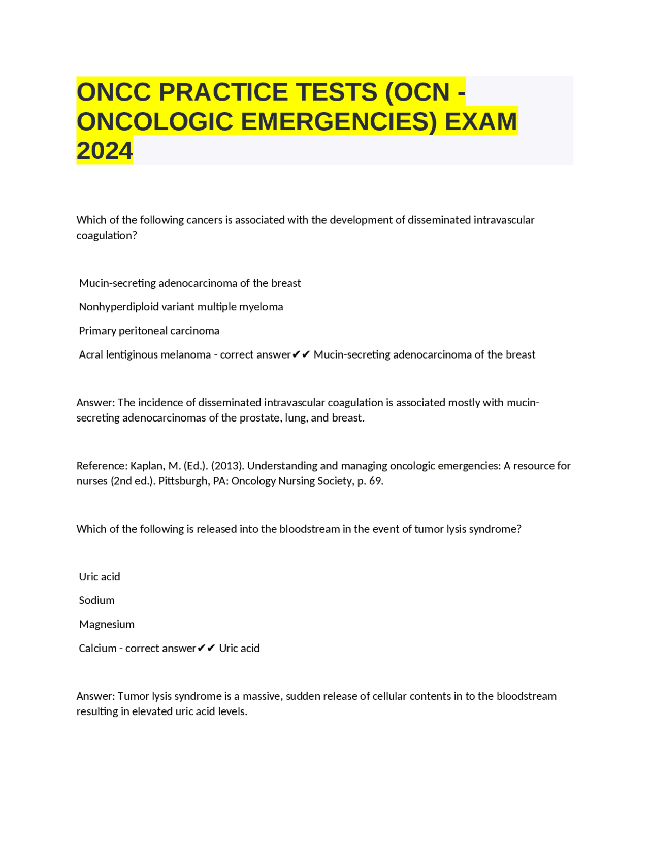 ONCC PRACTICE TESTS (OCN - ONCOLOGIC EMERGENCIES) EXAM 2024 | Exams ...