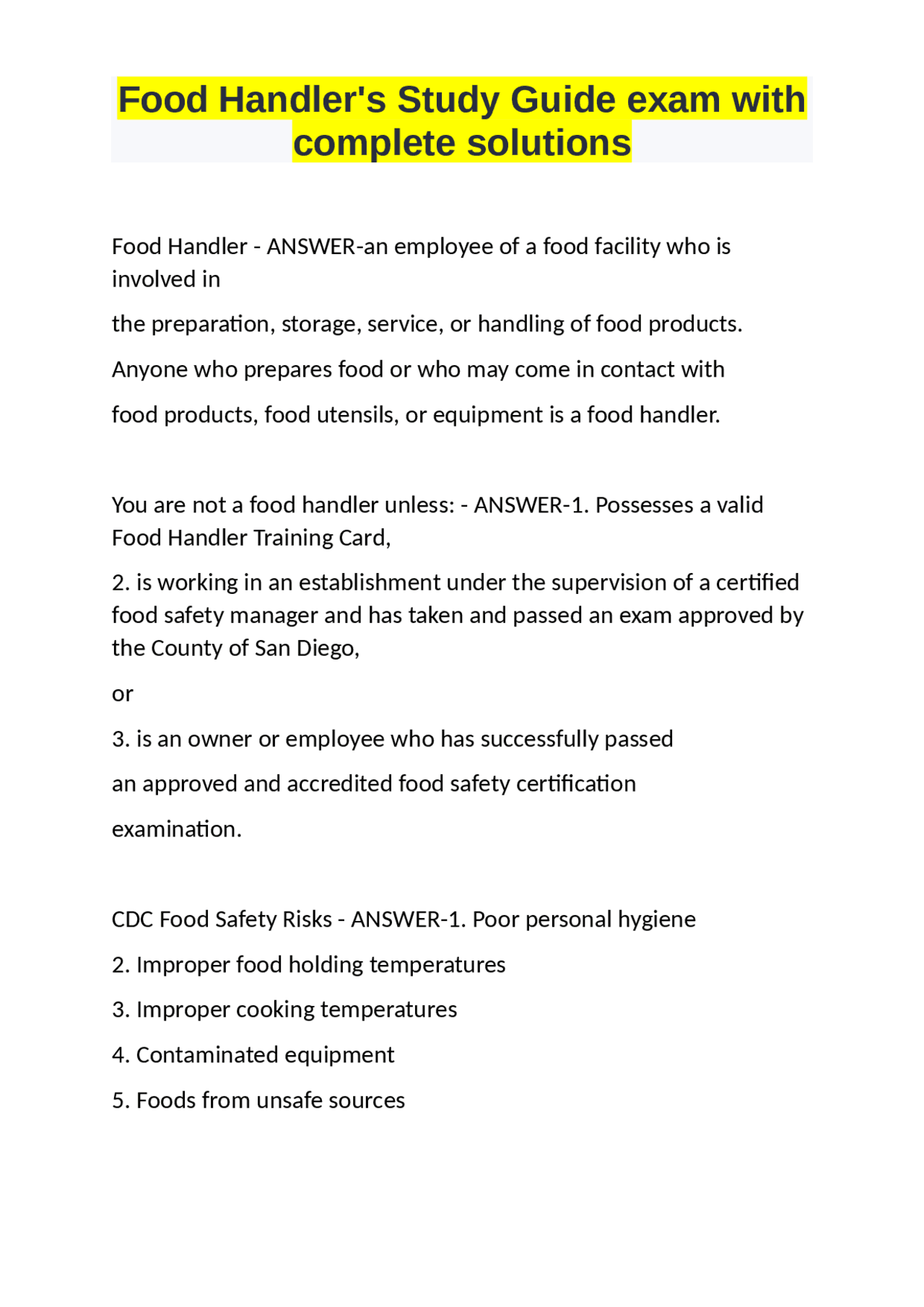 Food Handler's Study Guide exam with complete solution | Exams Food ...