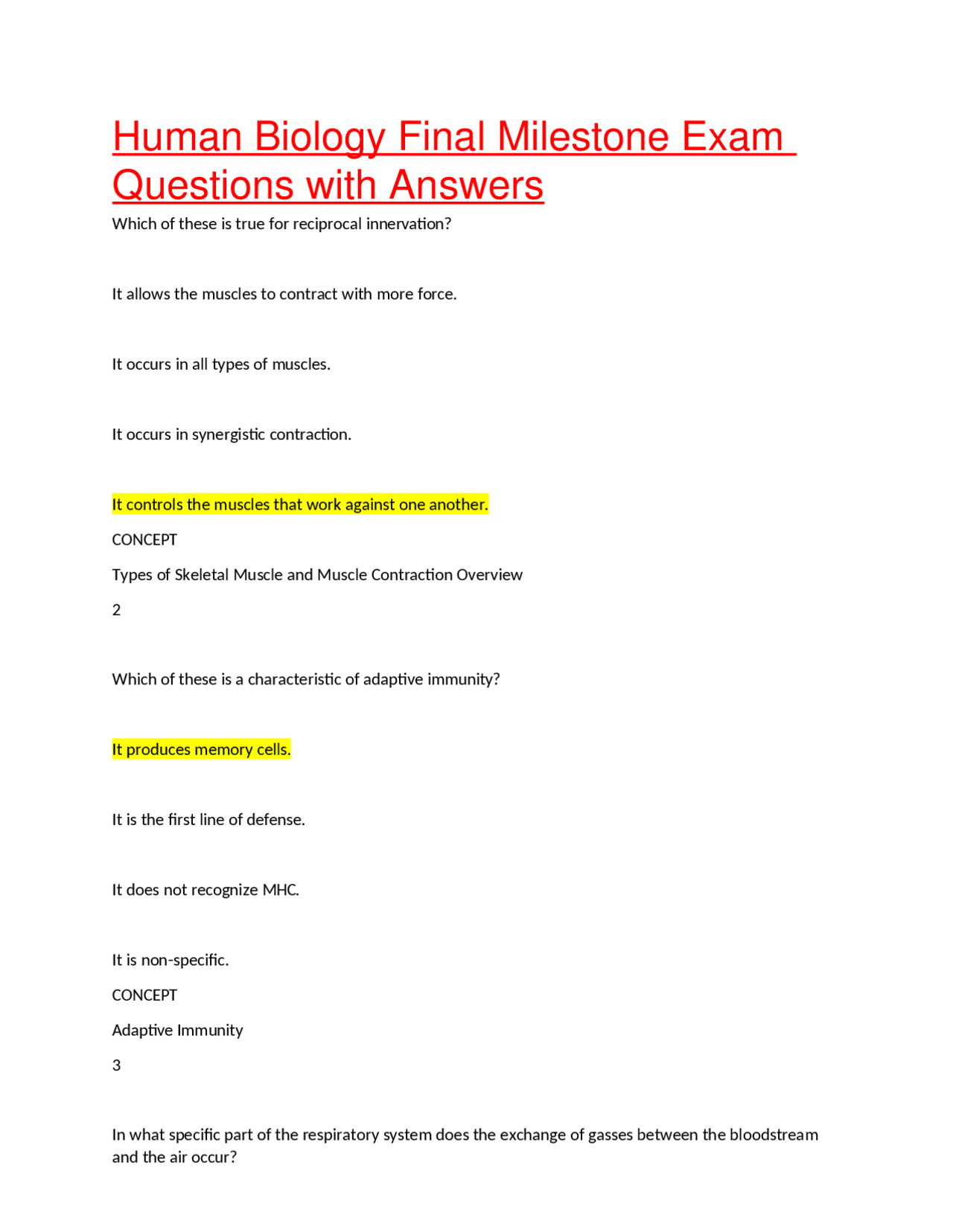 Human Biology Final Milestone Exam Questions with Answers | Exams ...
