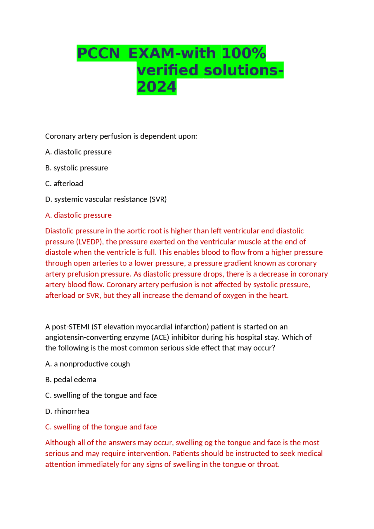 PCCN EXAM-with 100% verified solutions-2024.docx | Exams Advanced ...