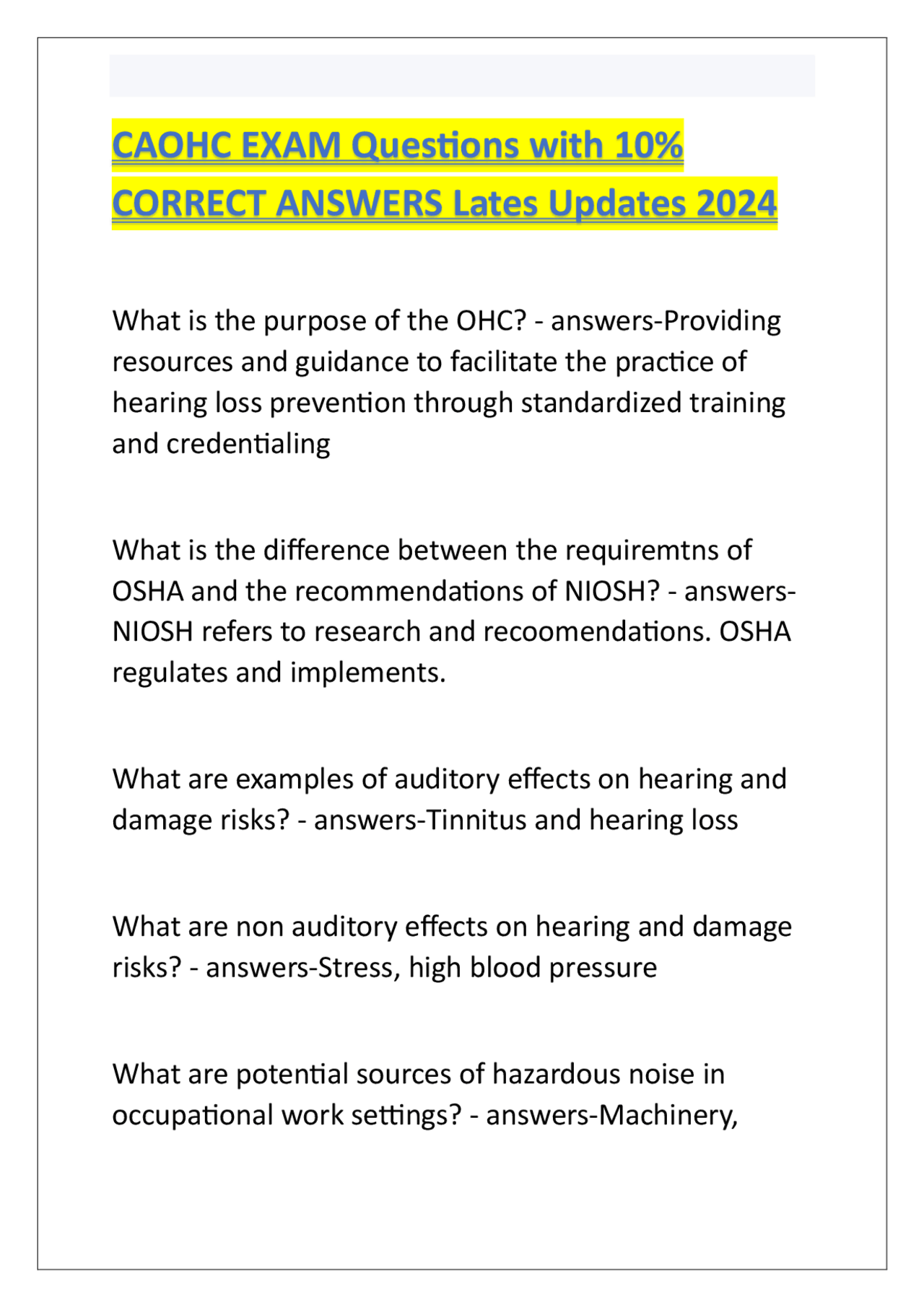 CAOHC EXAM Questions with 10% CORRECT ANSWERS Lates Updates 2024 ...