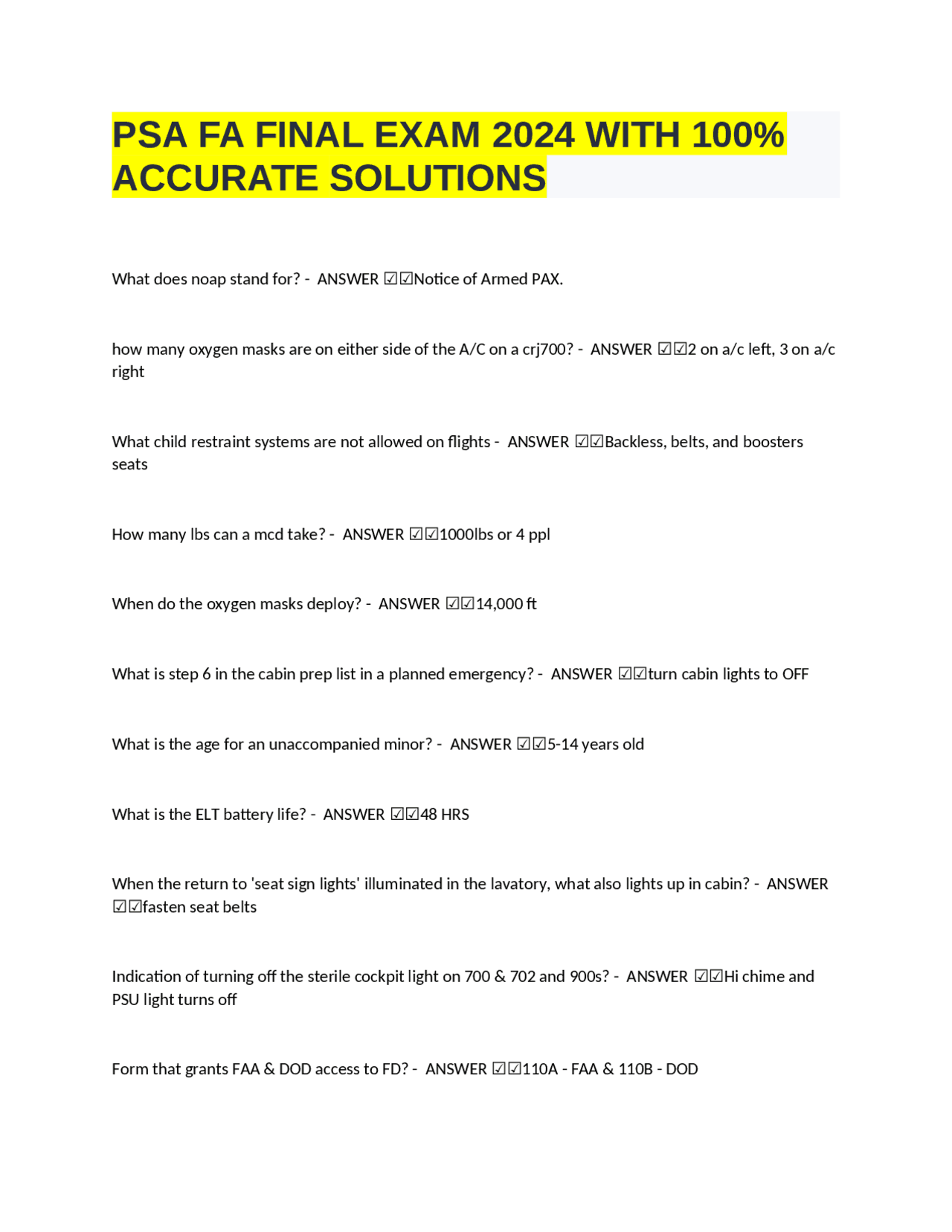 PSA FA FINAL EXAM 2024 WITH 100% ACCURATE SOLUTIONS | Exams Nursing ...