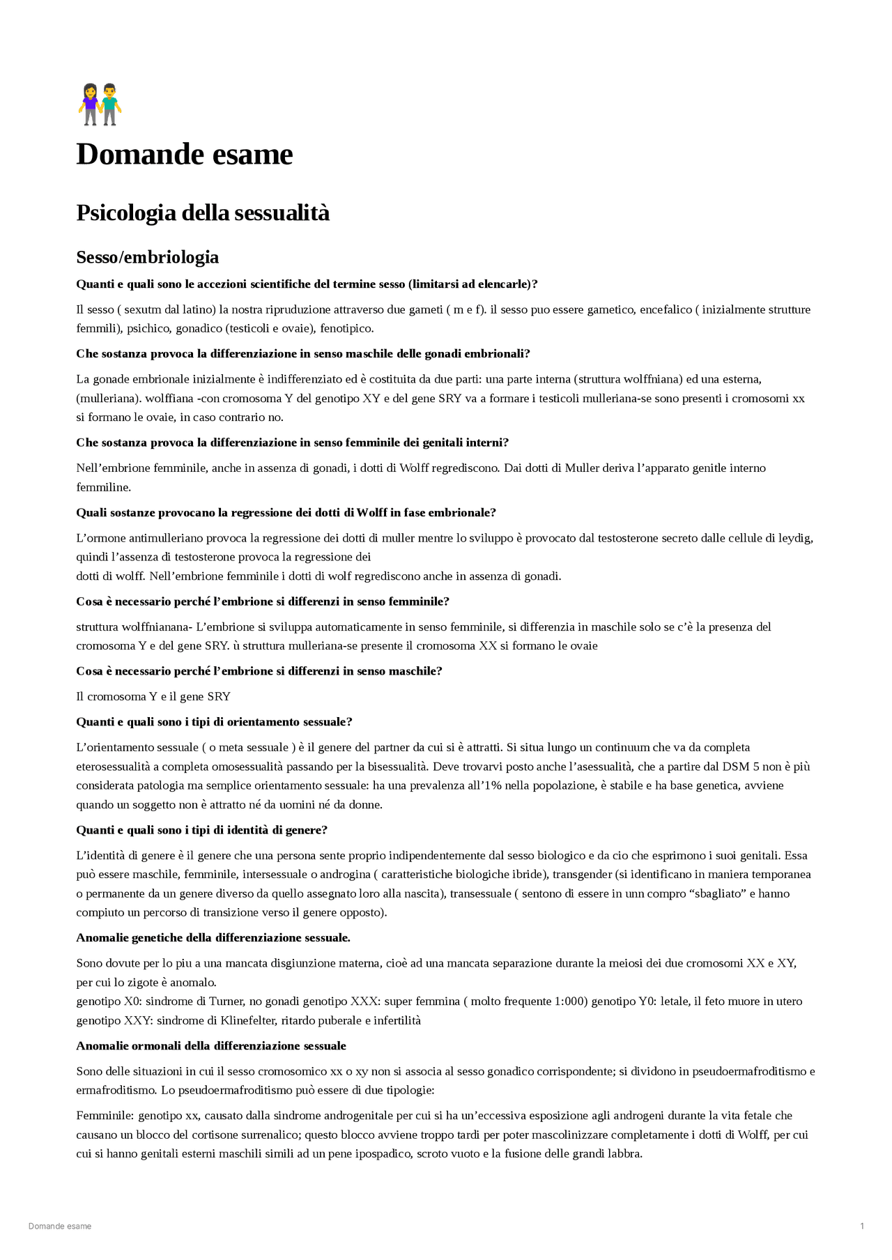 Domande e risposte esame psicologia della sessualità. | Appunti di Psicologia Generale | Docsity
