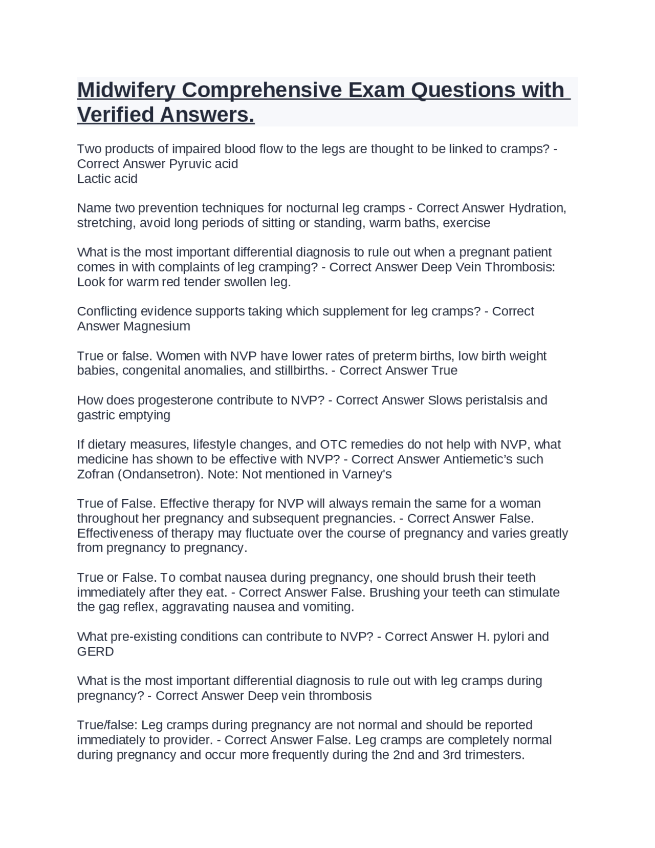 Midwifery Comprehensive Exam Questions with Verified Answers. | Exams ...