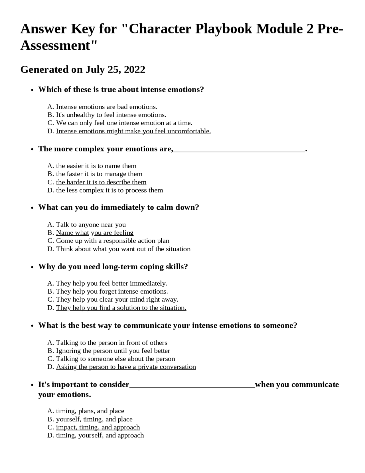 Answer key character playbook module 2 pre assessment.docx | Exams Nursing | Docsity