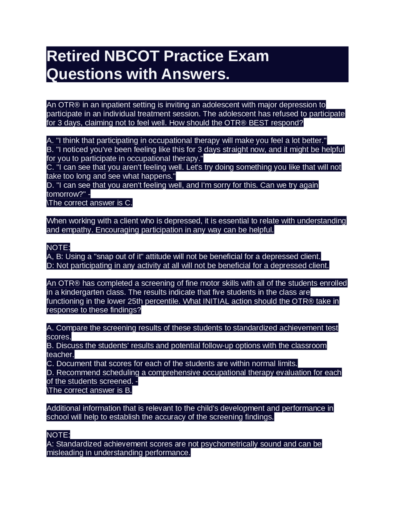 Retired NBCOT Practice Exam Questions with Answers. | Exams ...