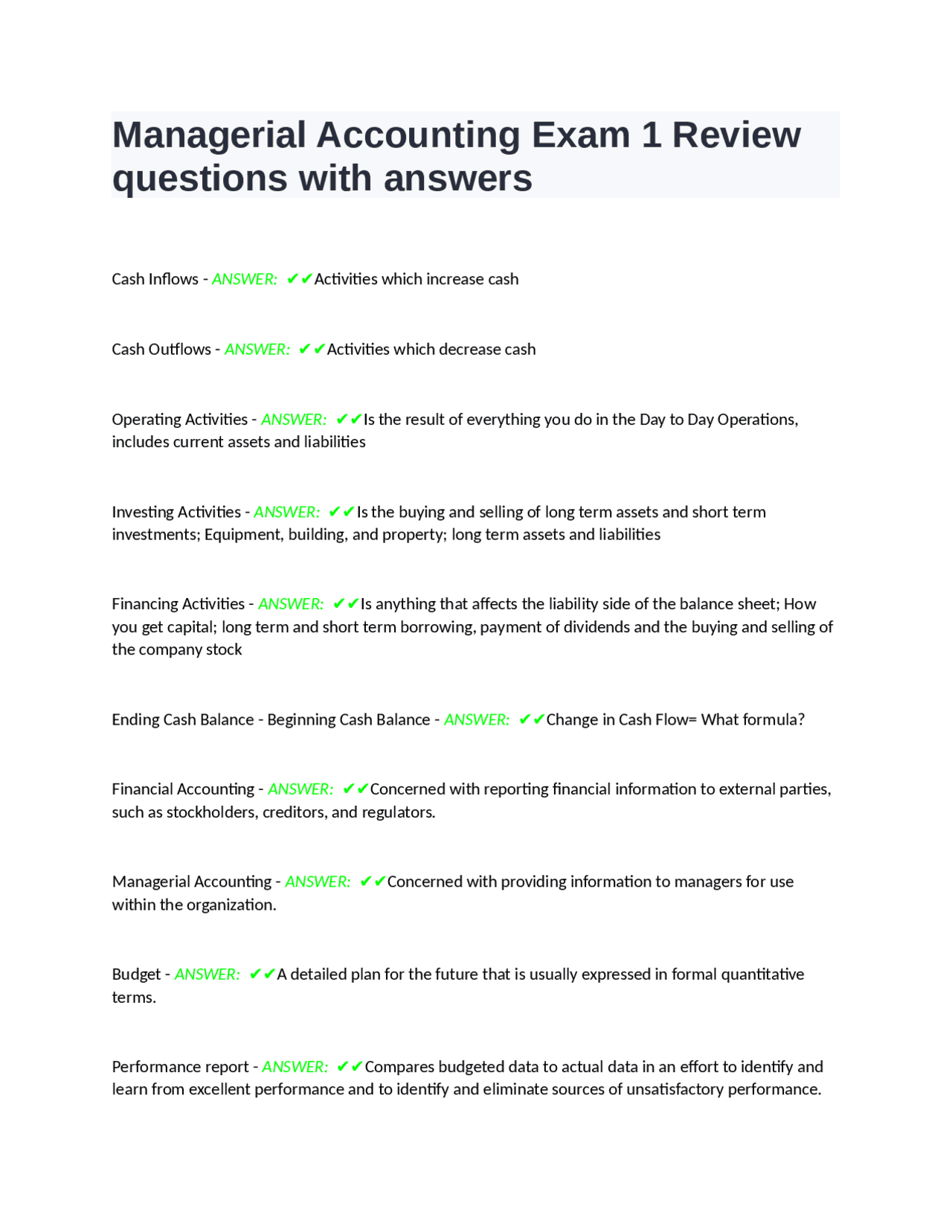 Managerial Accounting Exam 1 Review questions with answers. | Exams Management Accounting | Docsity