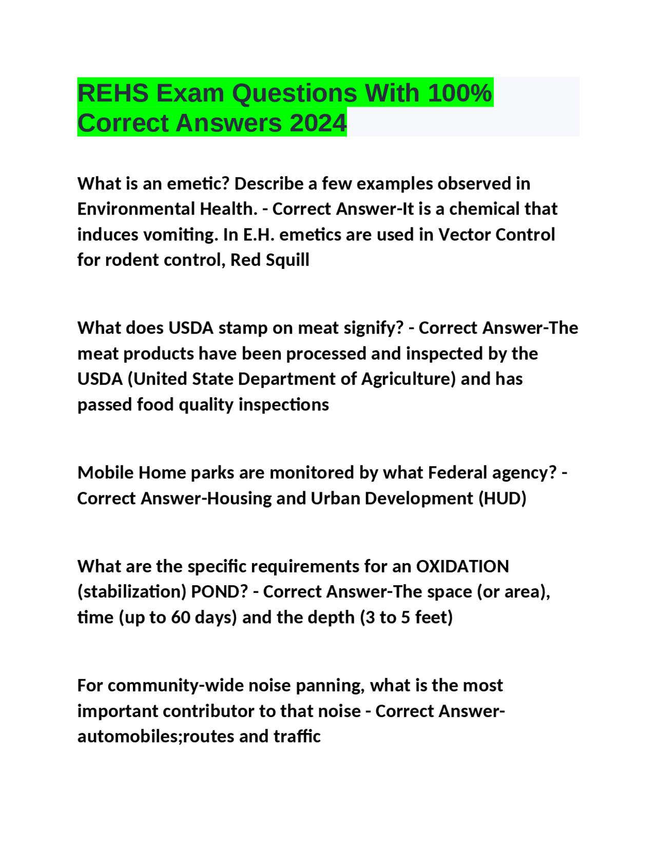 REHS Exam Questions With 100% Correct Answers 2024 | Exams Advanced ...