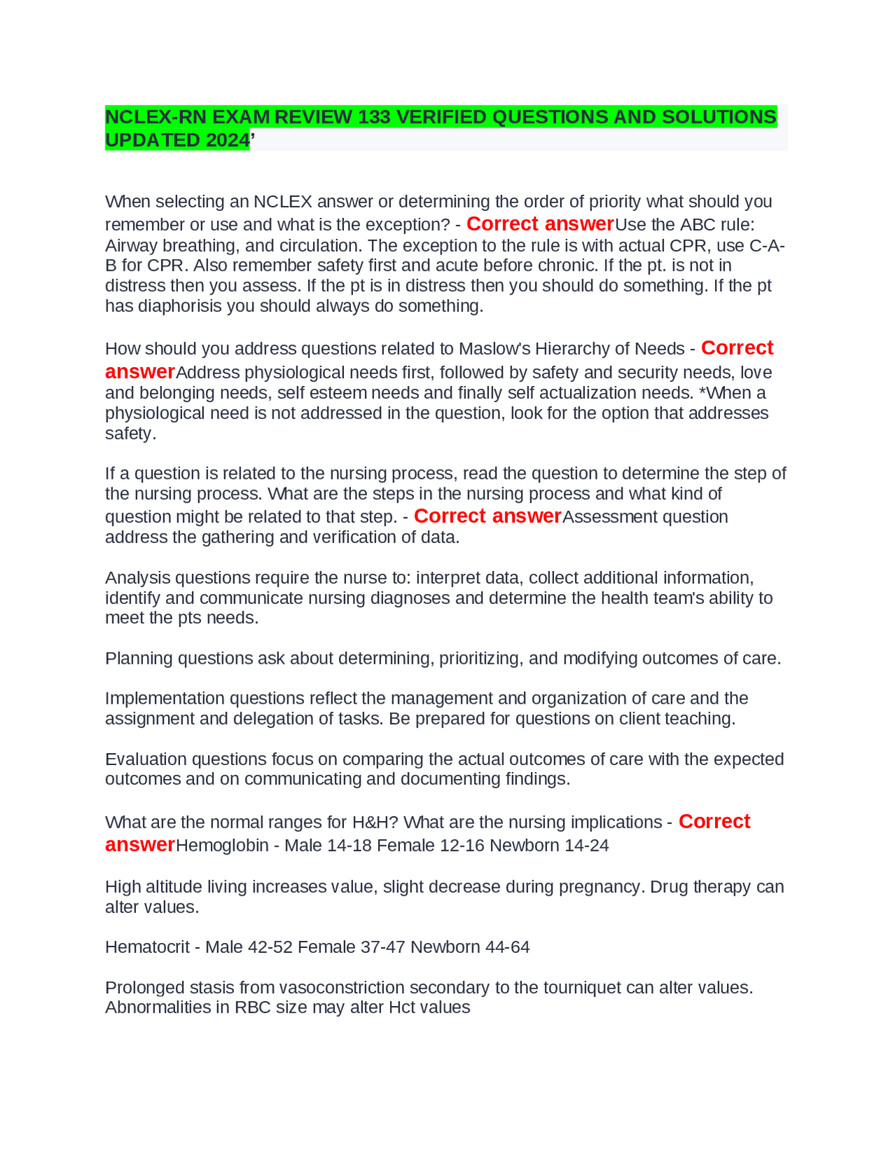 NCLEX-RN EXAM REVIEW 133 VERIFIED QUESTIONS AND SOLUTIONS UPDATED 2024 ...